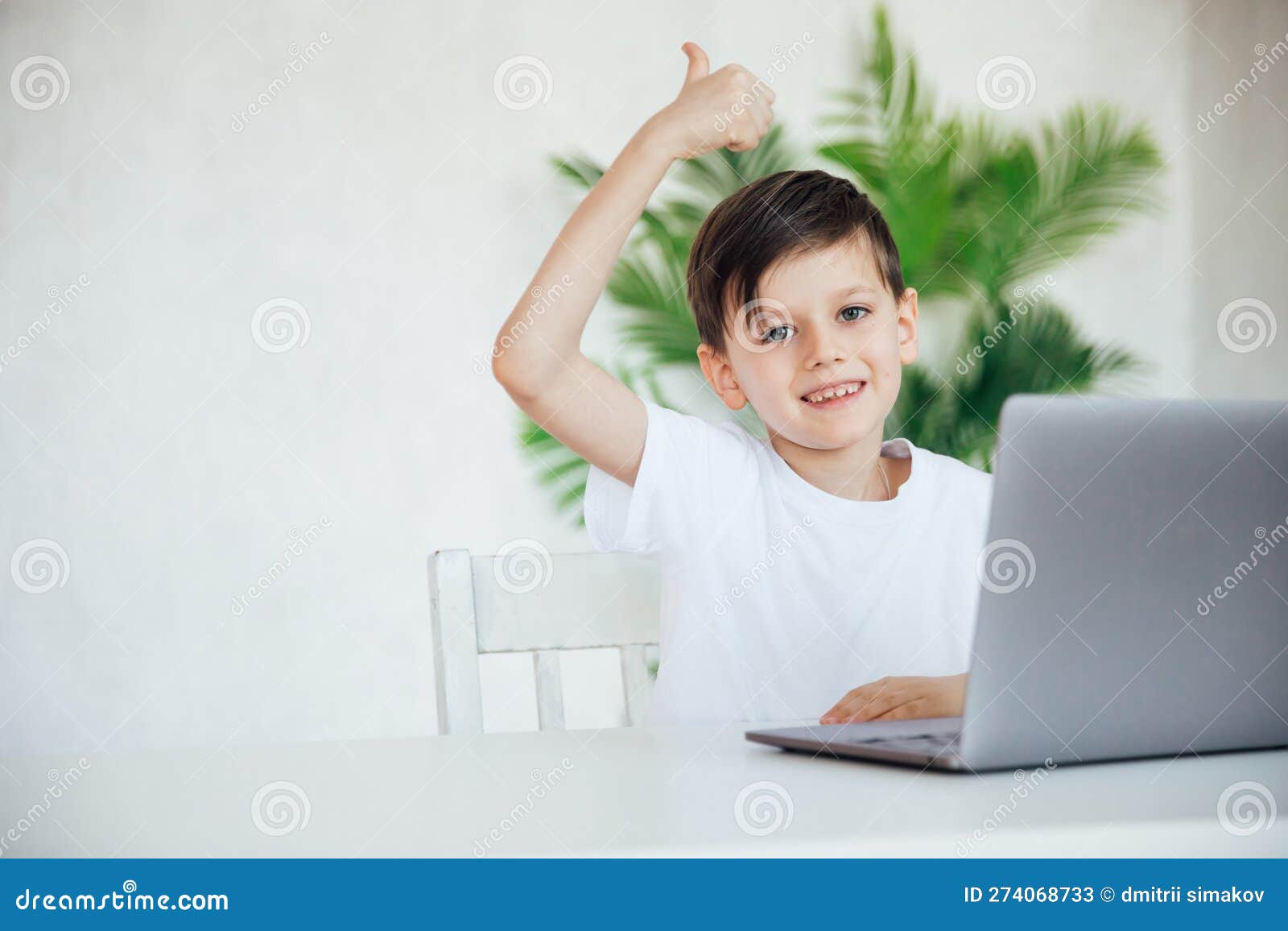Boy Shows a Like Sitting at a Table with a Computer Stock Image - Image ...