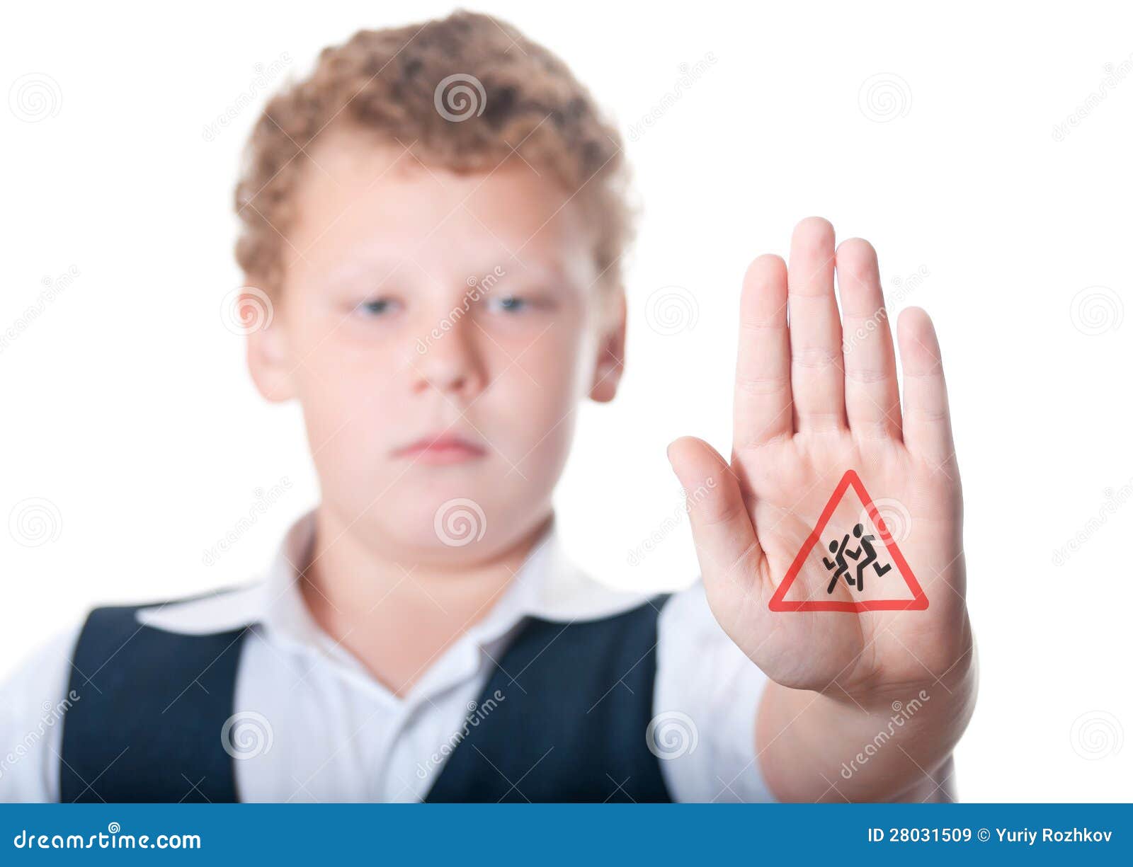 The Boy Shows the Sign Caution Children Stock Image - Image of prevent ...