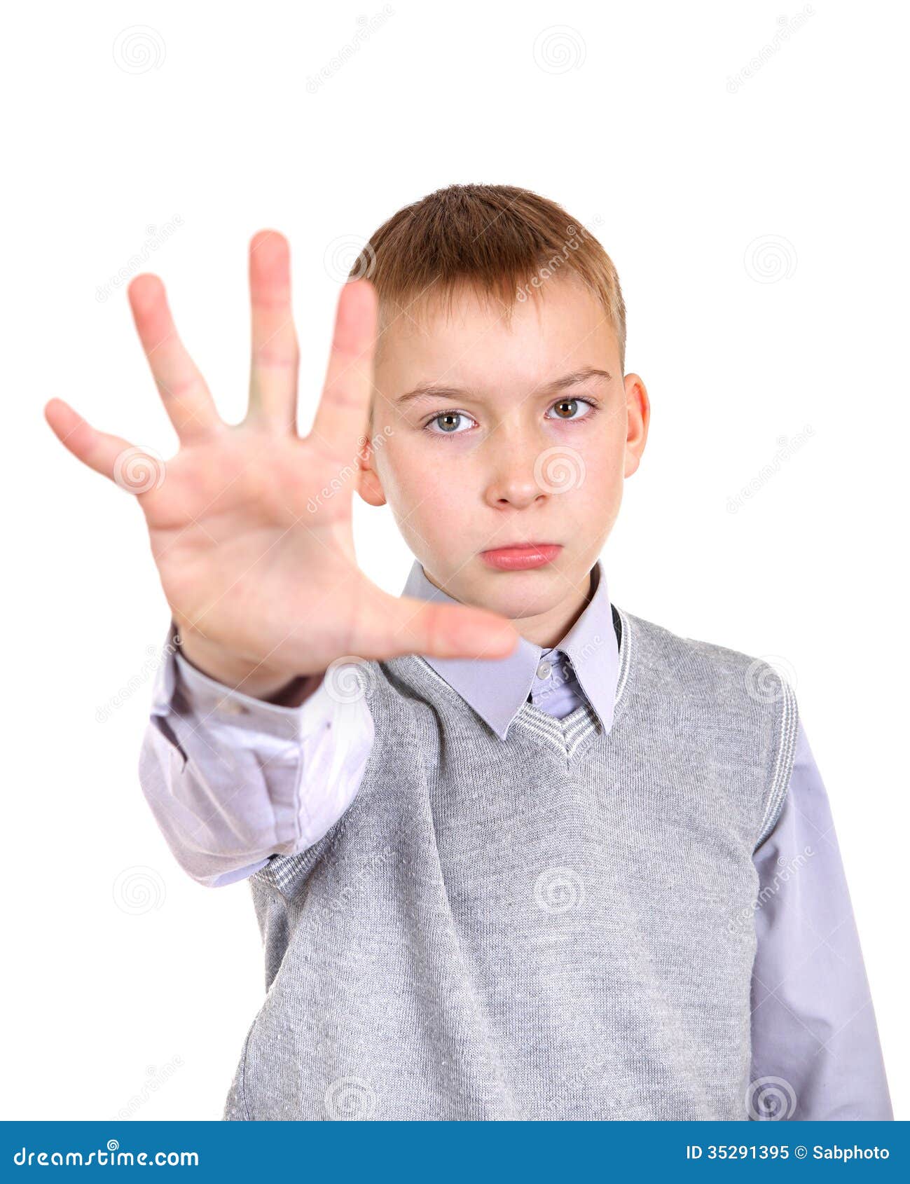 Boy Shows Stop Hand Gesture Stock Image - Image of front, hand: 35291395
