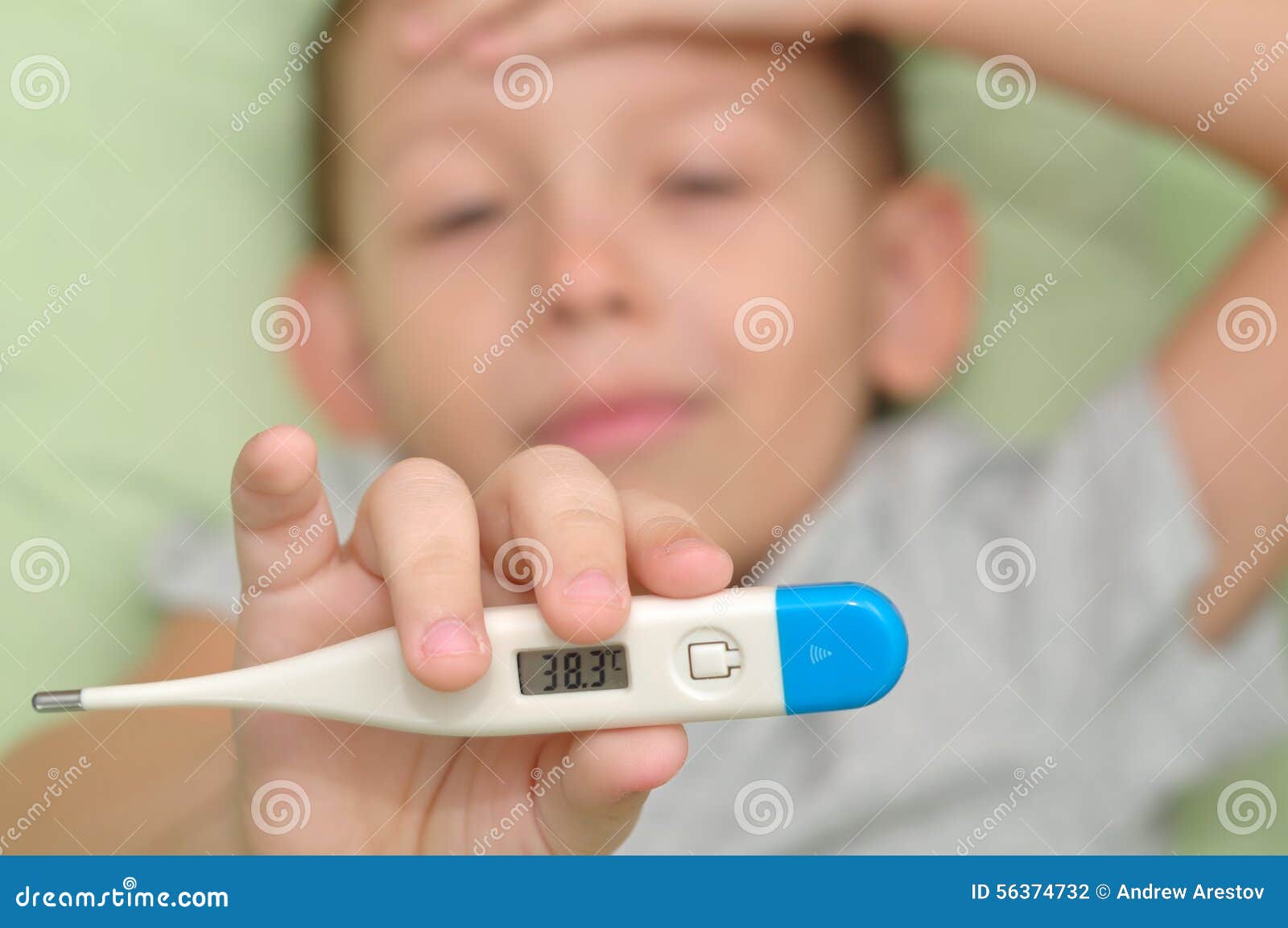 The Boy Shows a Thermometer with a Temperature Stock Photo - Image of ...