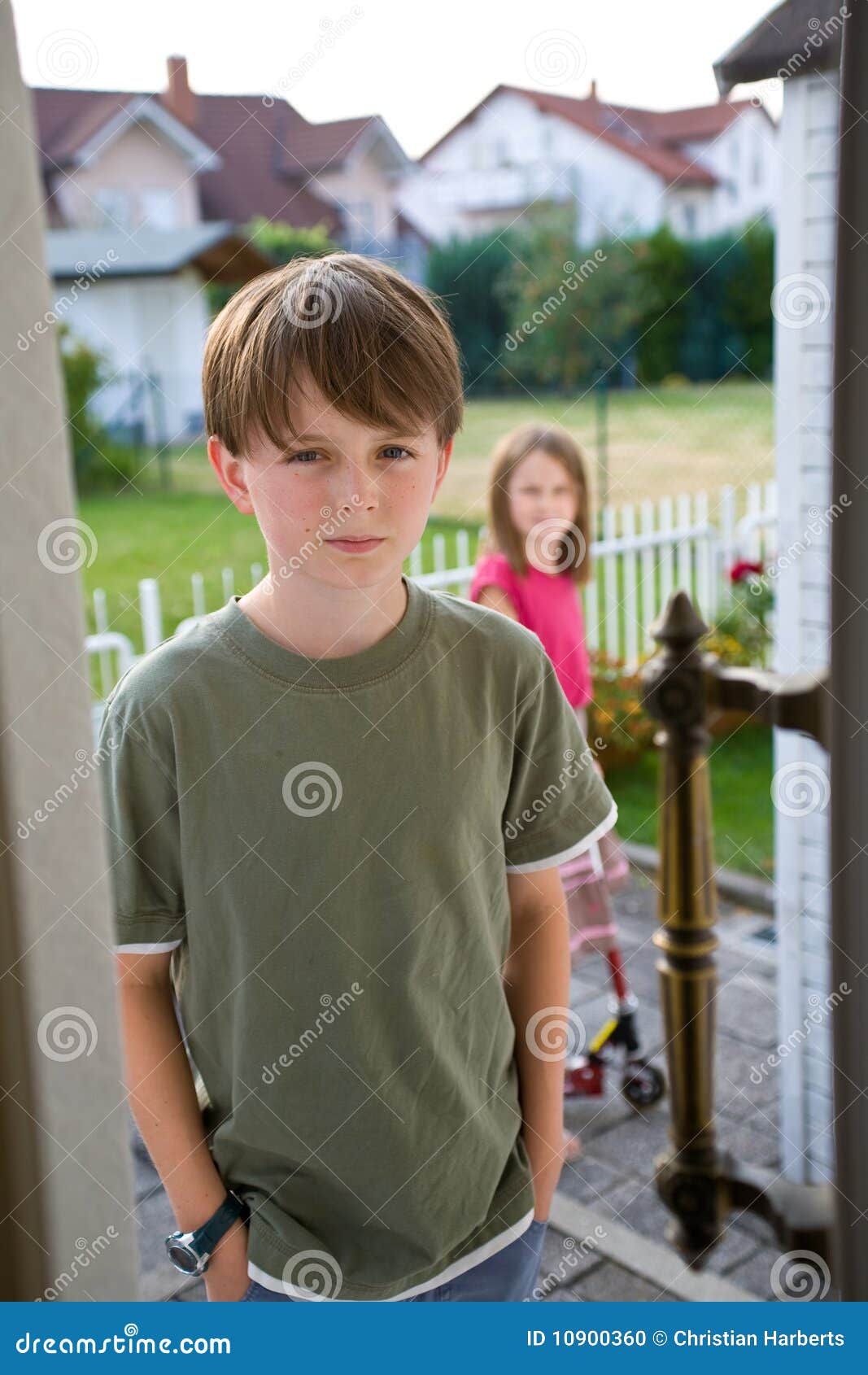 Boy Sibling Rivalry Conflict Door Stock Photo - Image of garden ...