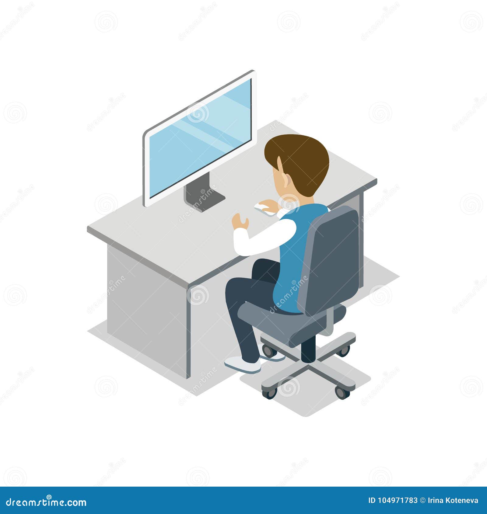Boy Sit at Desk with Computer Isometric Icon Stock Vector ...