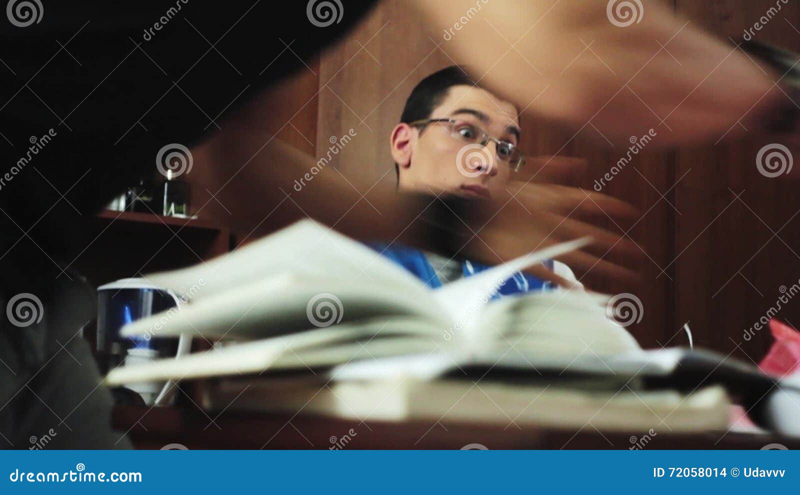 Boy Sit at Table. Muscle Man Come and Scream. Throw Boy on Floor Stock ...