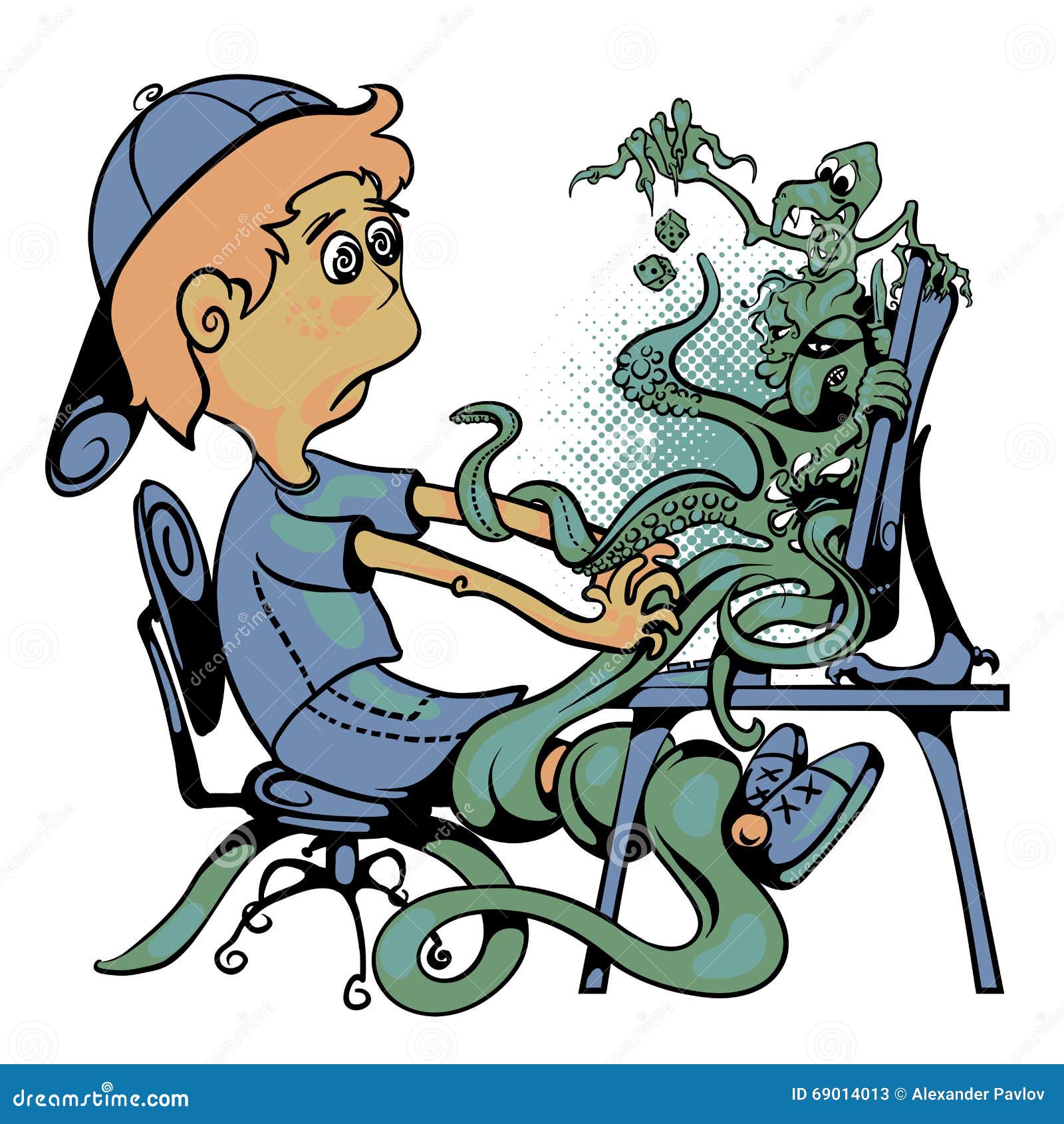 The Boy Sits at the Computer. Monitor Crawling with Monsters and Game ...