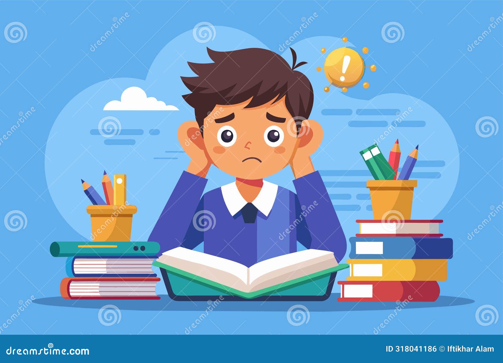 A Boy Sits in Front of a Large Stack of Books, Appearing To Study or ...
