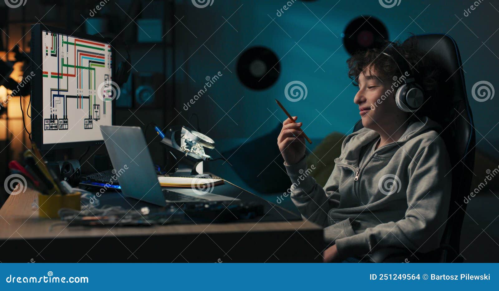 A Boy Sits in Room in the Evening in Front of Computer Screen and ...