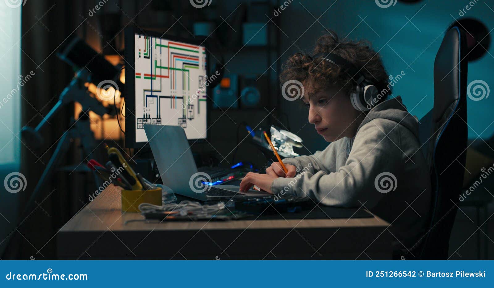 A Boy Sits in Room in the Evening in Front of Computer Screen and ...