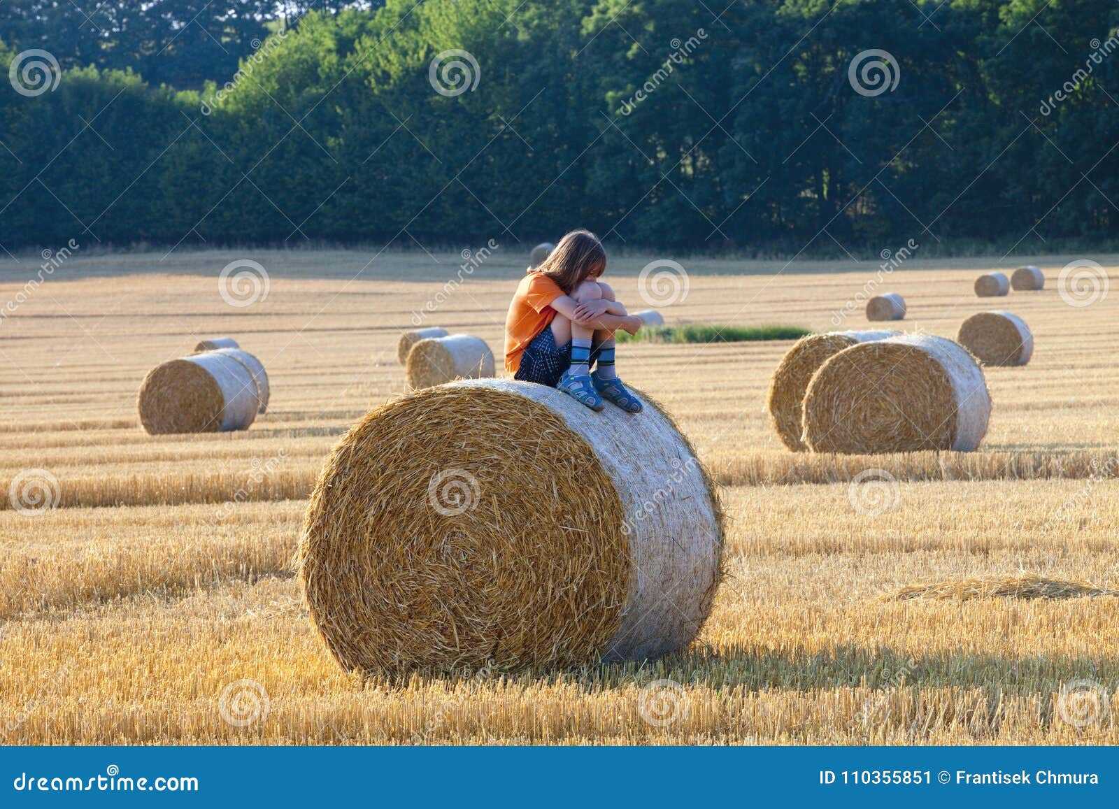 Boy Sitting on a Bale of Hay Boy Sitting on a Bale of Hay in Su Stock ...