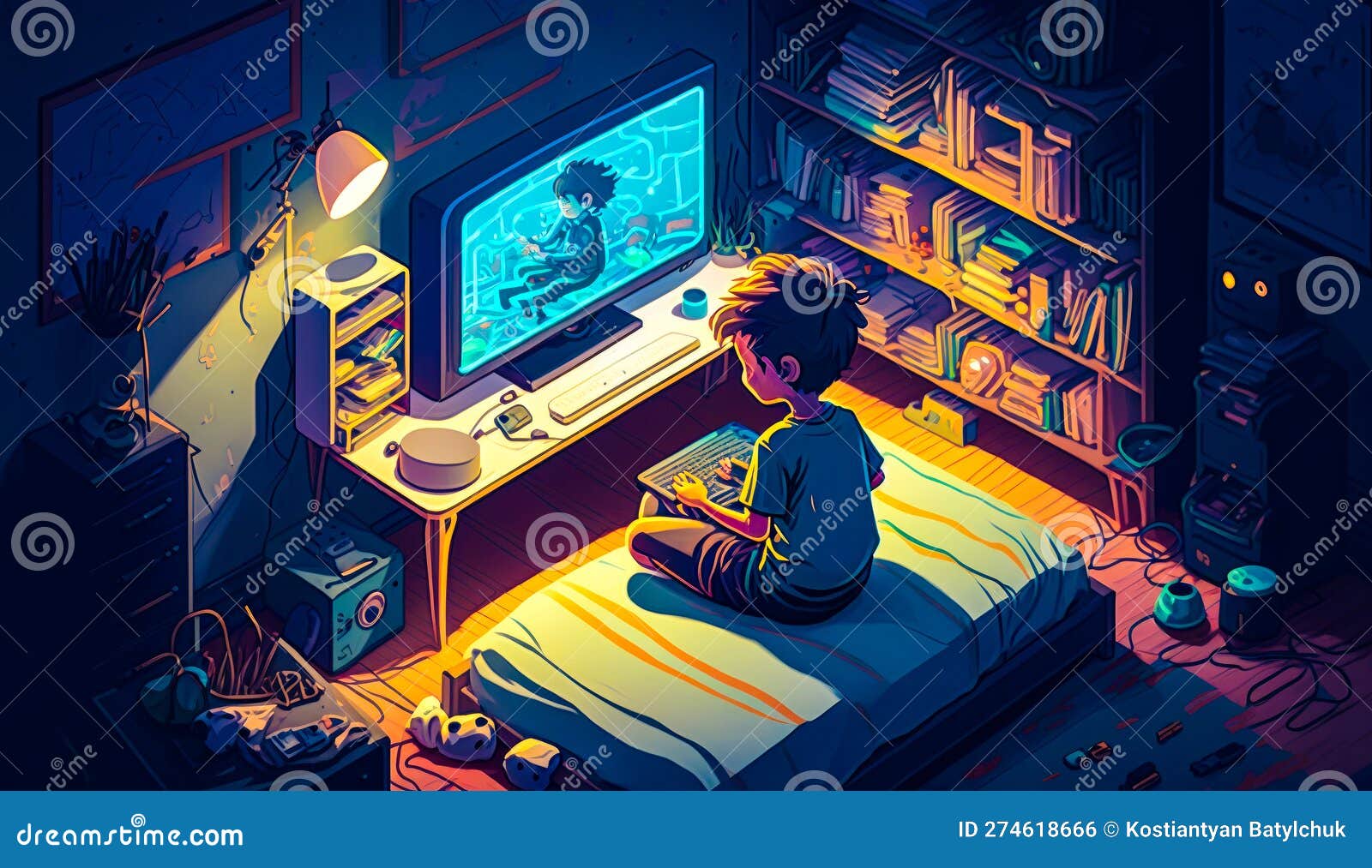 Boy Sitting on Bed in Front of Tv Playing Video Game. Generative AI ...