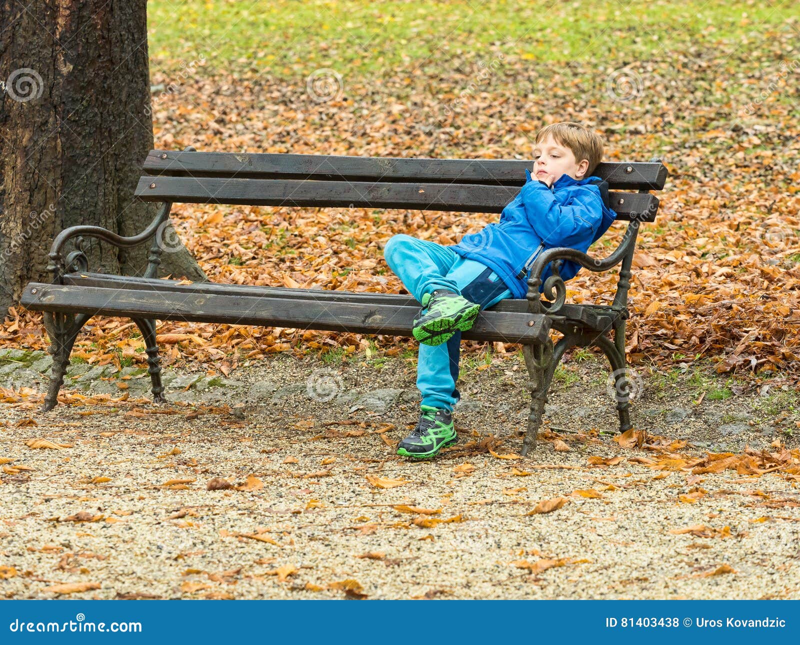 Boy sitting on bench stock photo. Image of happy, relaxing - 81403438