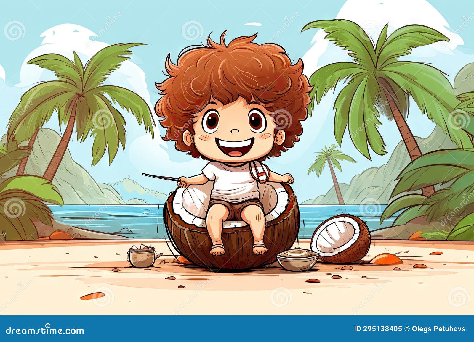 A Boy Sitting on a Coconut on a Beach with Coconuts. Generative Ai ...