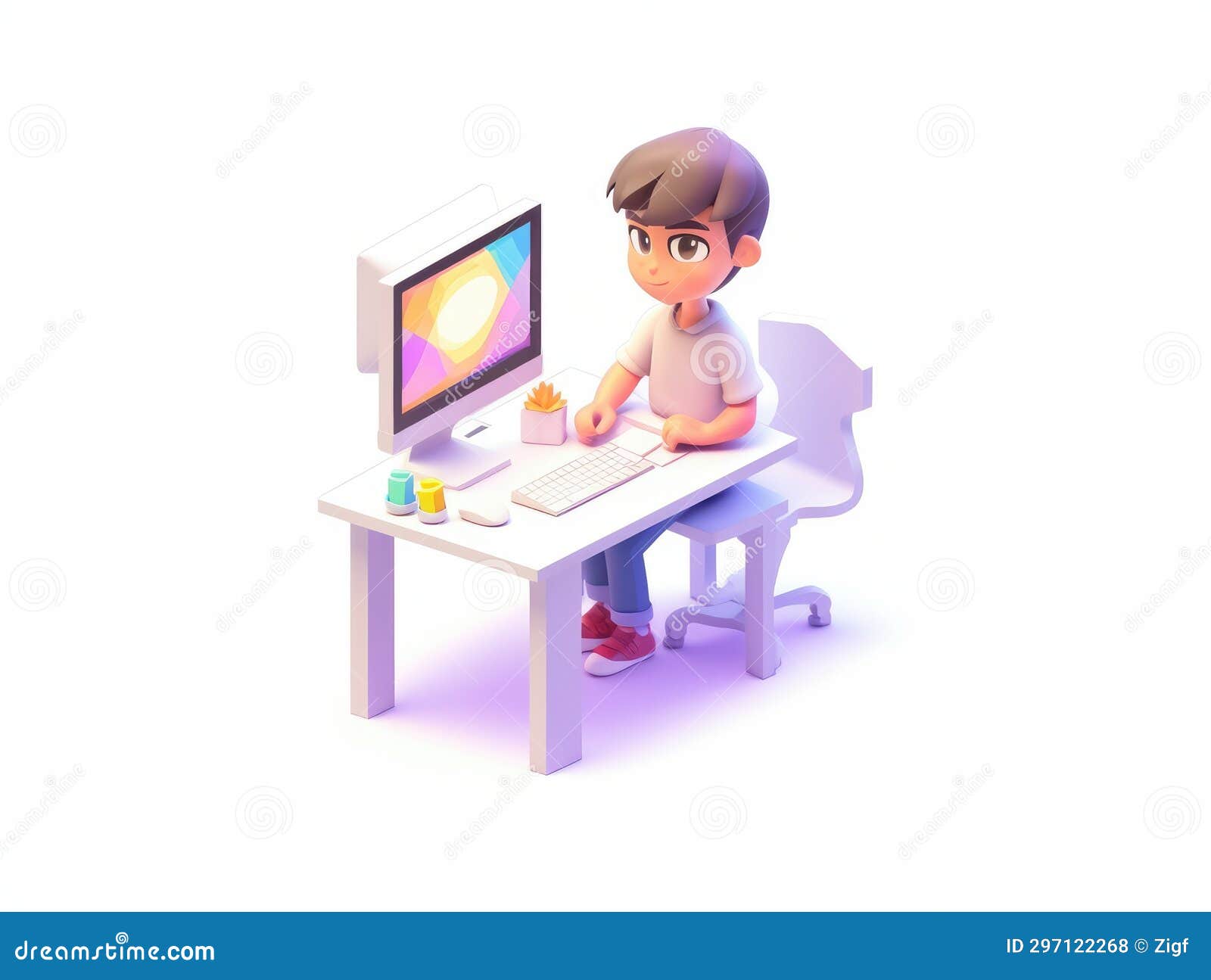 Boy Sitting at a Desk with a Computer Stock Illustration - Illustration ...