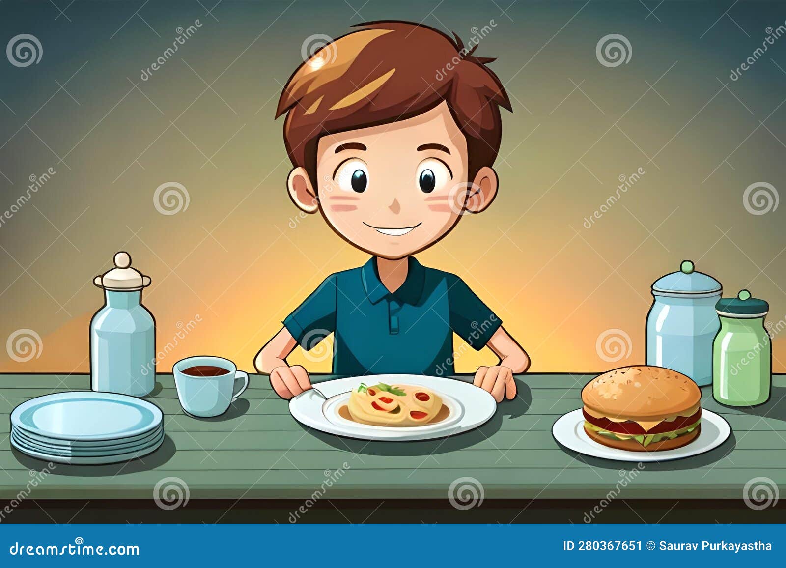 A Boy Sitting in a Dining Table with Different Plates of Food Placed in ...