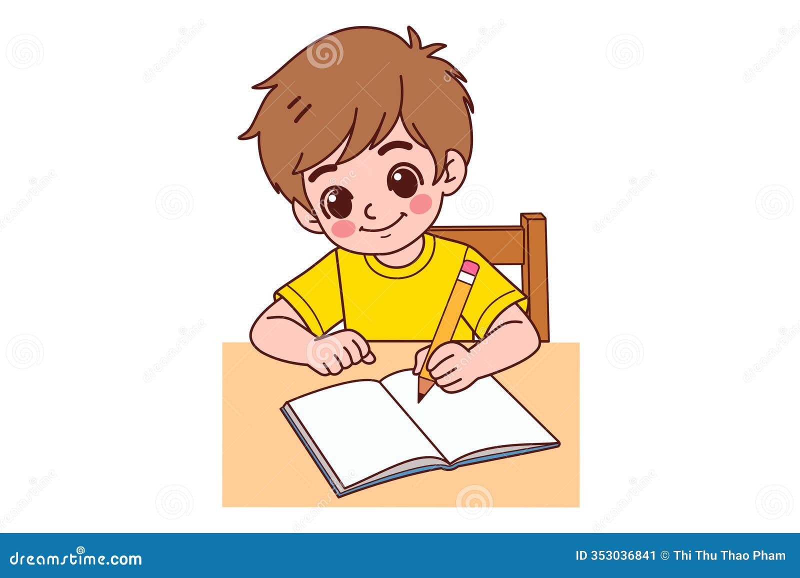 A Boy is Sitting and Doing His Homework. Flat Vector Style Characters ...