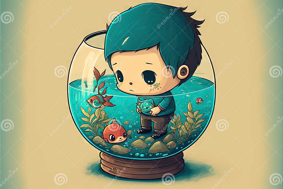 A Boy is Sitting in a Fish Bowl with a Fish Inside of it and a Fish in ...