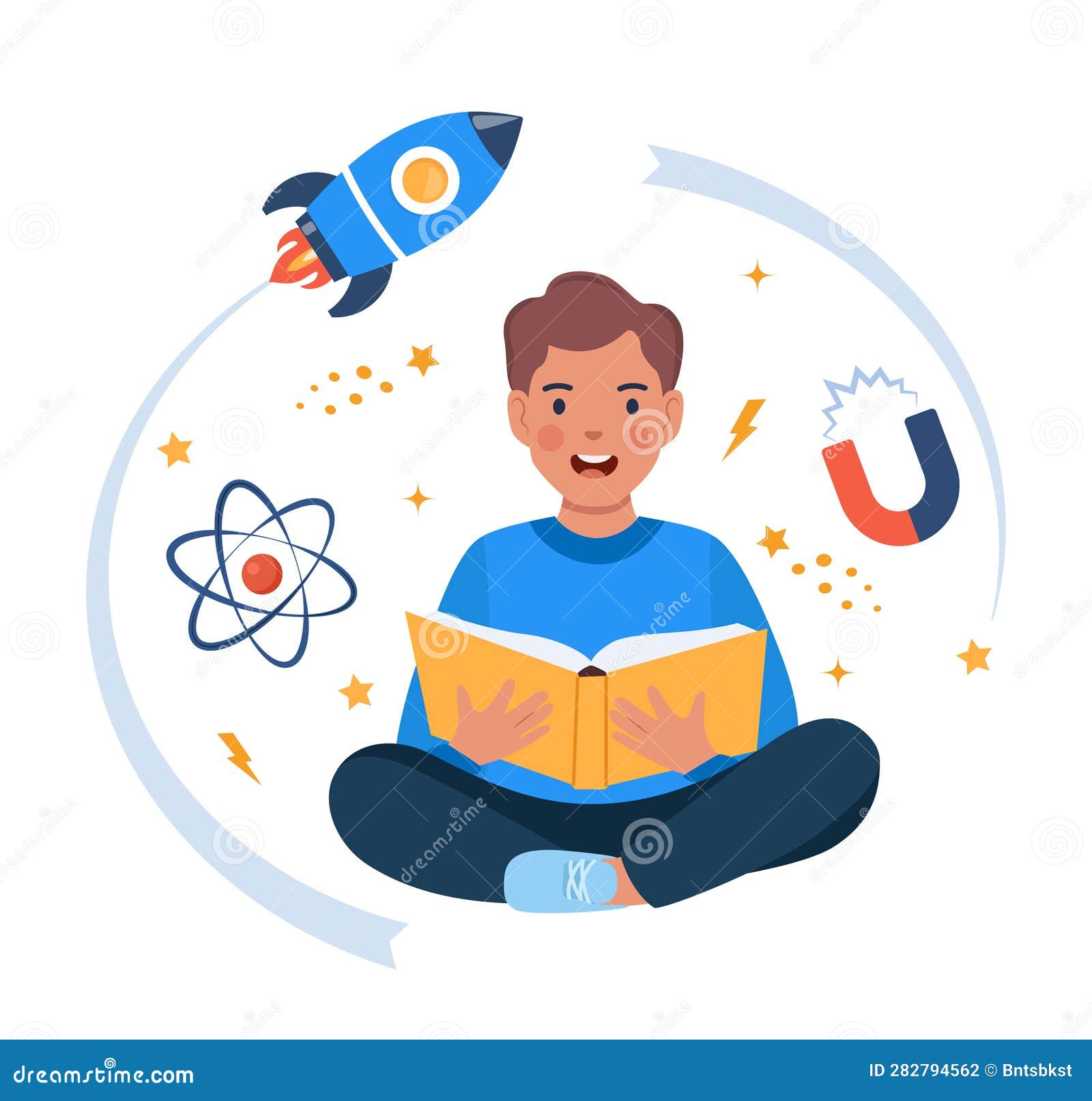 Around The Atom, Gamma Waves, Protons, Neutrons And Electrons. Cartoon ...