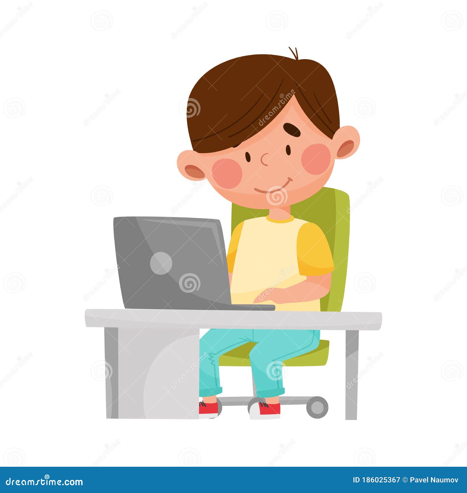 Boy Sitting in Front of Laptop Screen and Smiling Vector Illustration ...