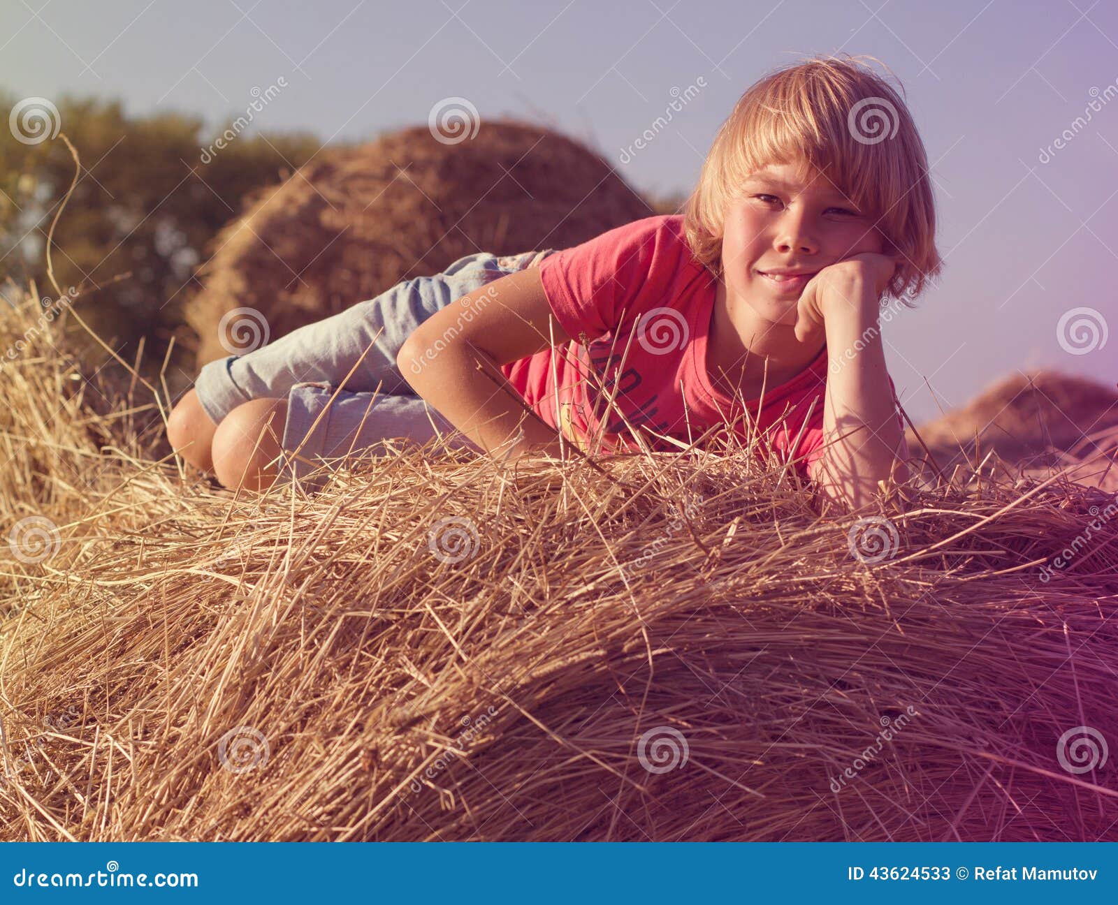 Boy sitting on a haystack stock image. Image of outdoor - 43624533