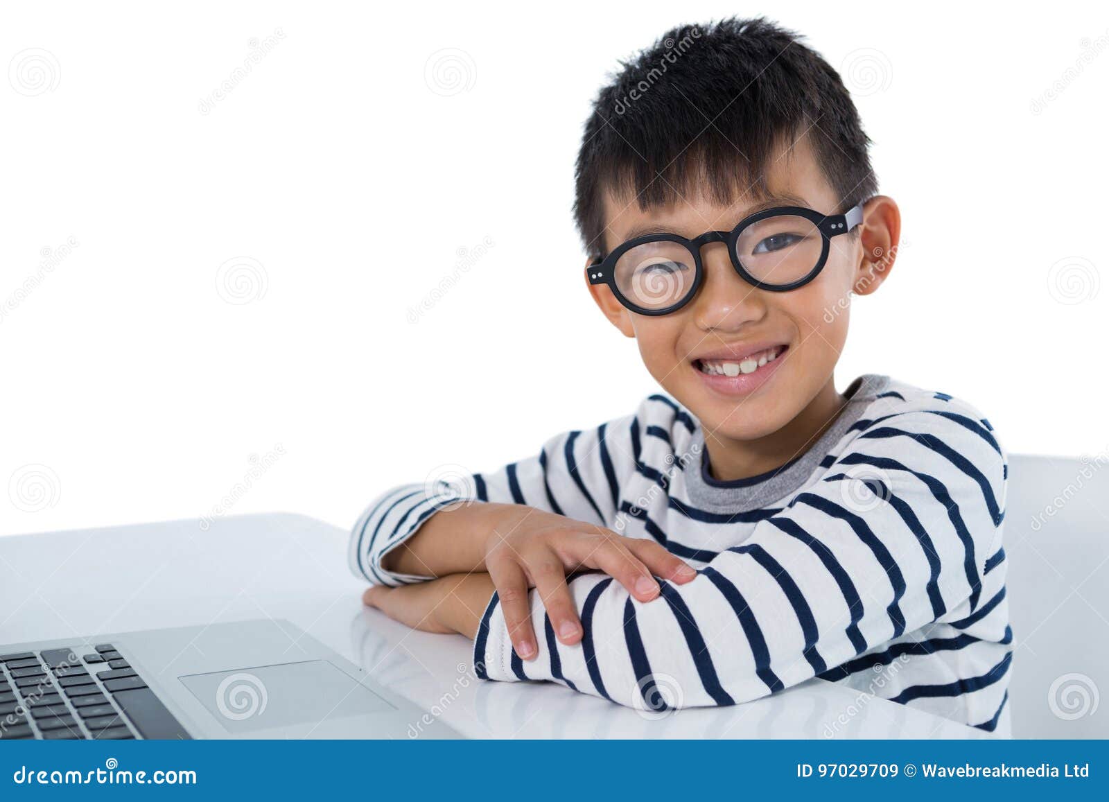 Boy Sitting with Laptop Against White Background Stock Image - Image of ...