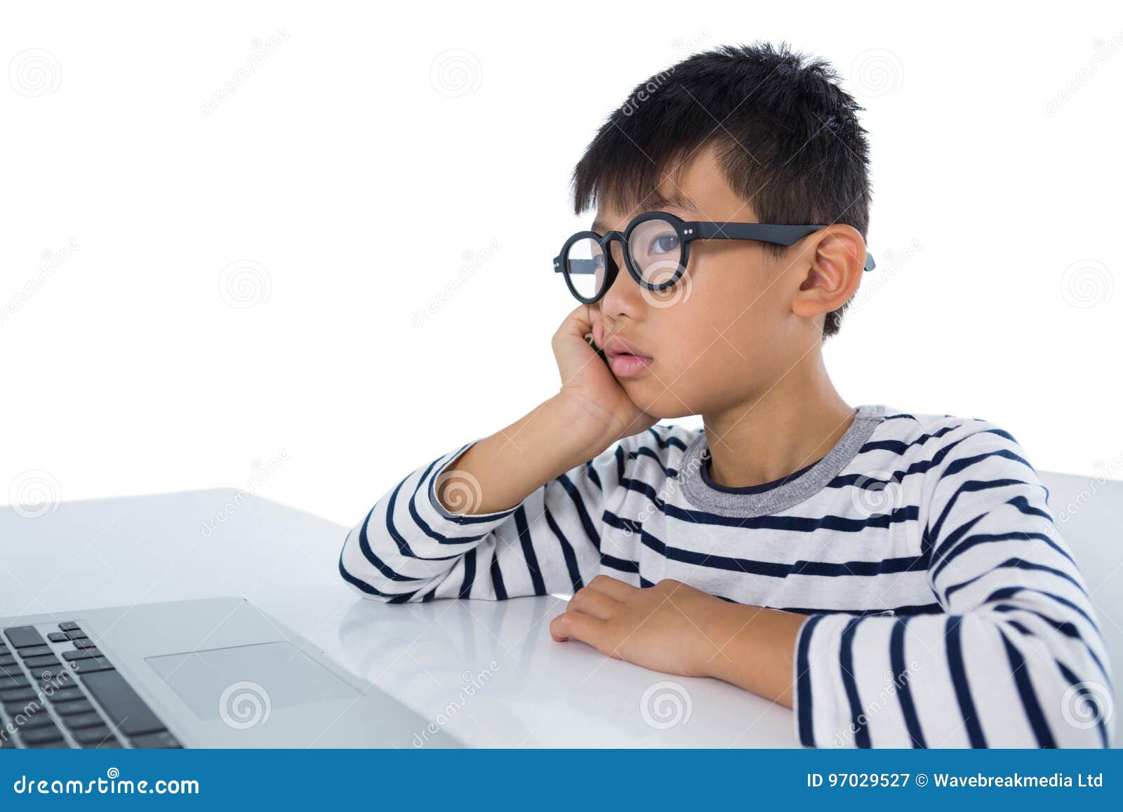 Boy Sitting with Laptop Against White Background Stock Image - Image of ...