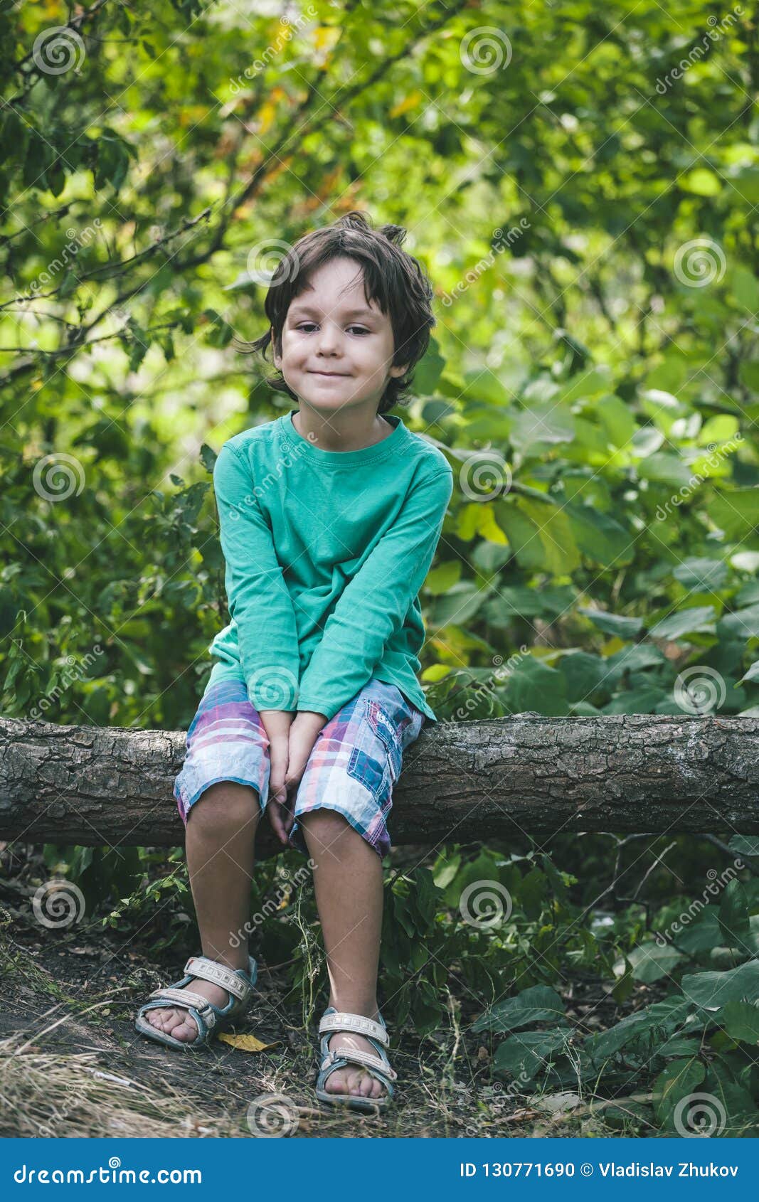 The Boy is Sitting on a Log. Stock Photo - Image of country, baby ...