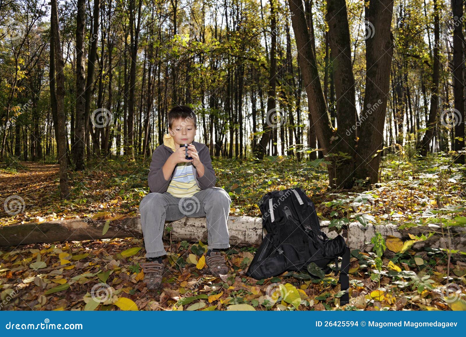 Boy Sitting on Log with Cup Stock Photo - Image of horizontal, casual ...