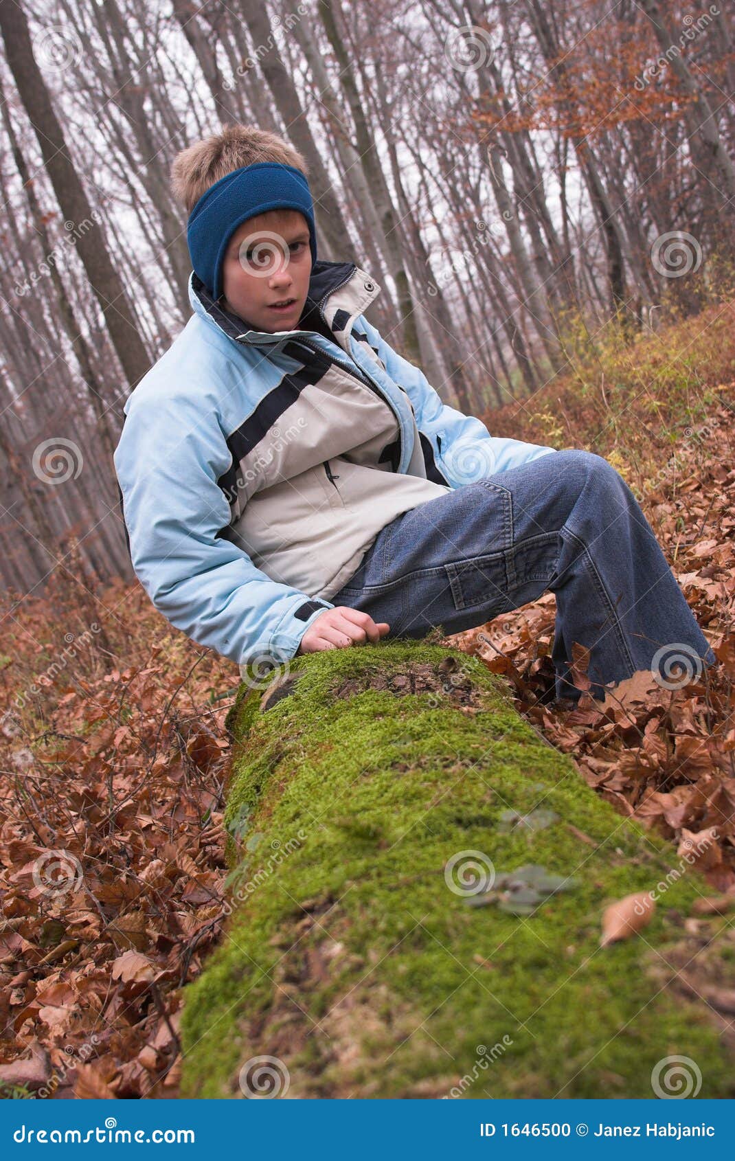 Boy sitting on mossy log stock photo. Image of jeans, outdoor - 1646500