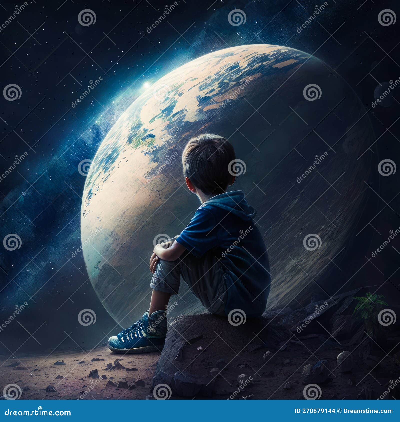 Boy Sitting on Rock Looking at the Earth. Generative AI Stock ...