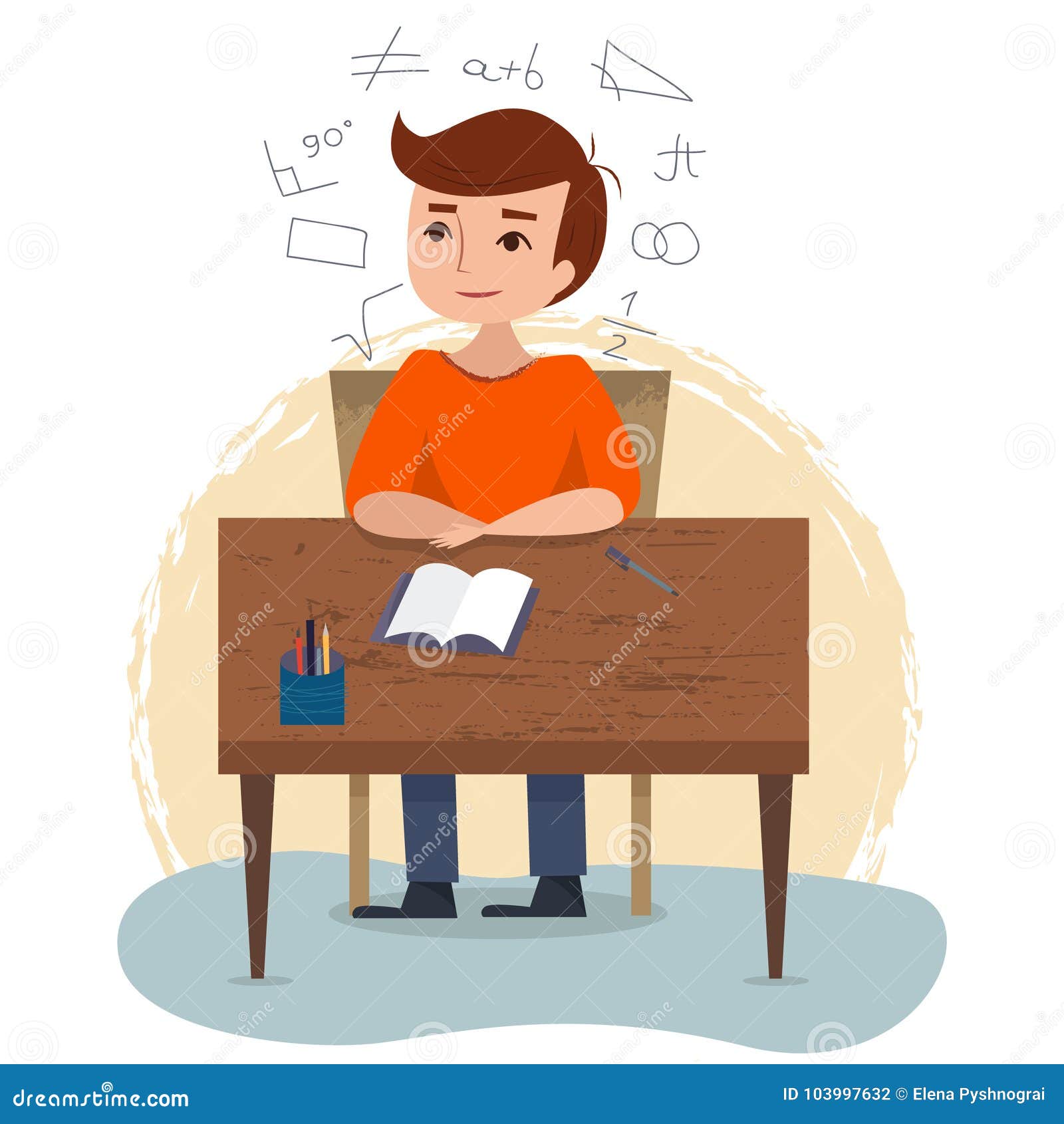 Boy Sitting and Studying on the Table in School. Stock Vector ...