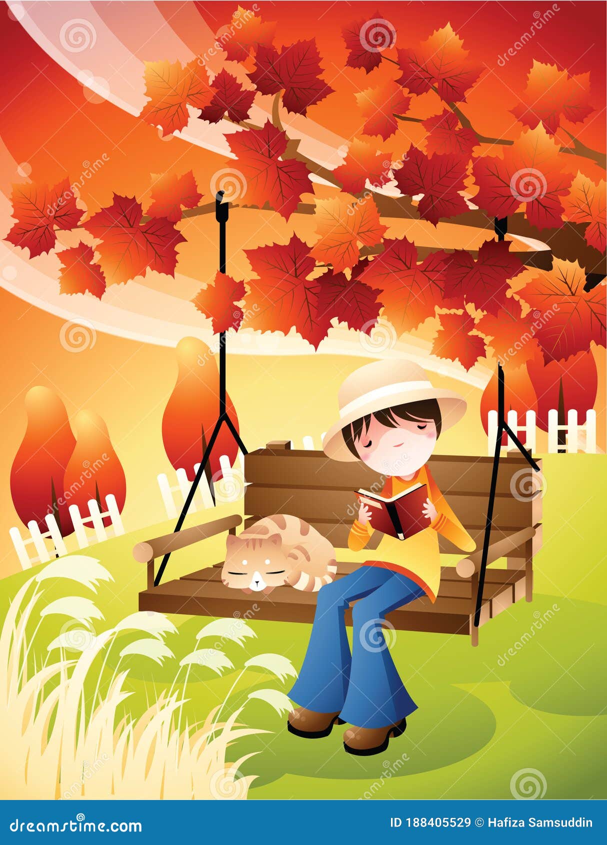 Boy Sitting on a Swing while Reading a Book. Vector Illustration ...