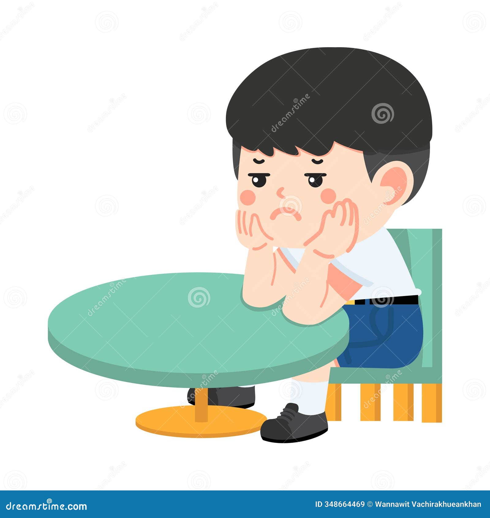 Boy Sitting at a Table with His Hand on His Chin Stock Illustration ...