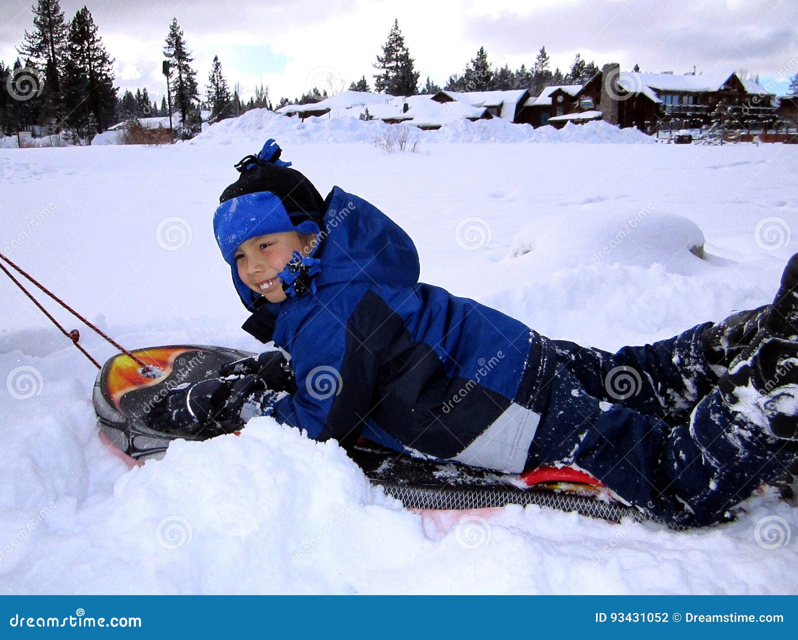 Boy Sledding in the Snow stock photo. Image of sledding - 93431052