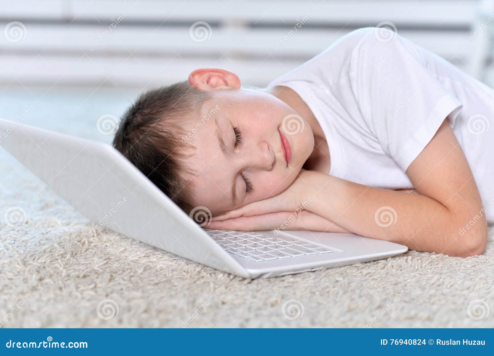 Boy Sleeping Near and Laptop Stock Photo - Image of development ...
