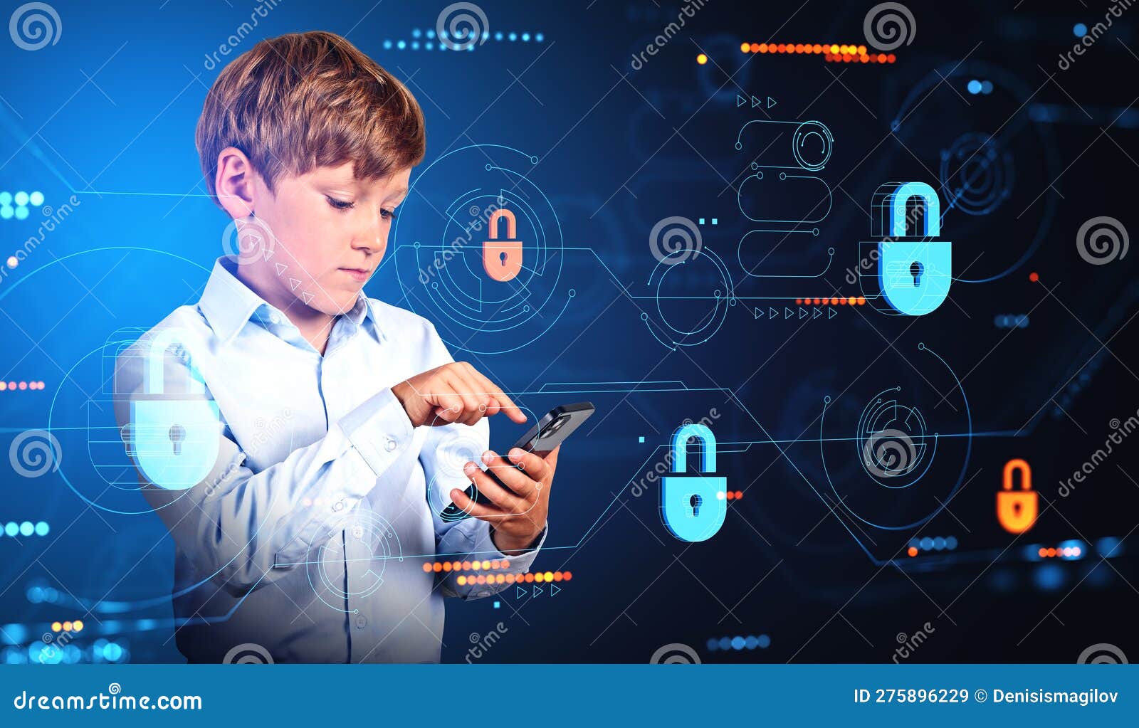 Boy with Smartphone, Cybersecurity Interface Stock Image - Image of ...