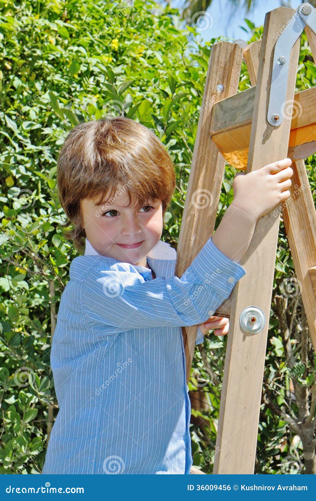 The Boy with a Smile Poses on Step-ladder Stock Photo - Image of rural ...