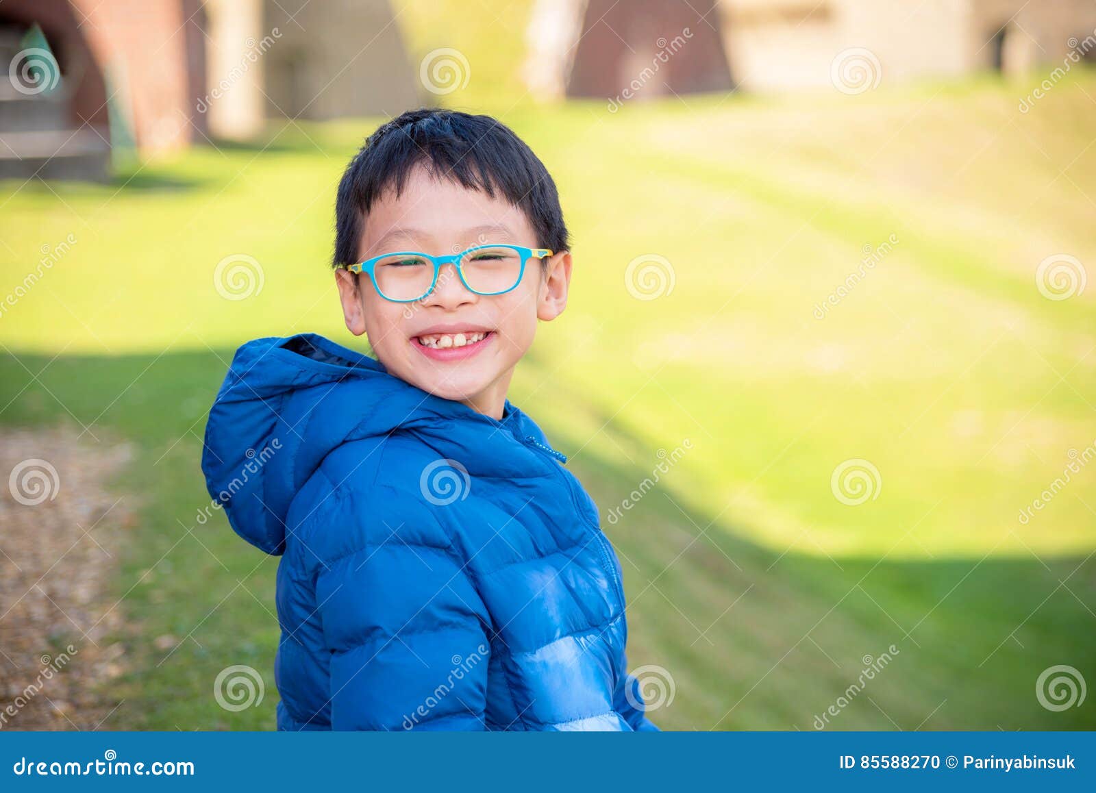 Boy smiling at grass field stock photo. Image of portrait - 85588270