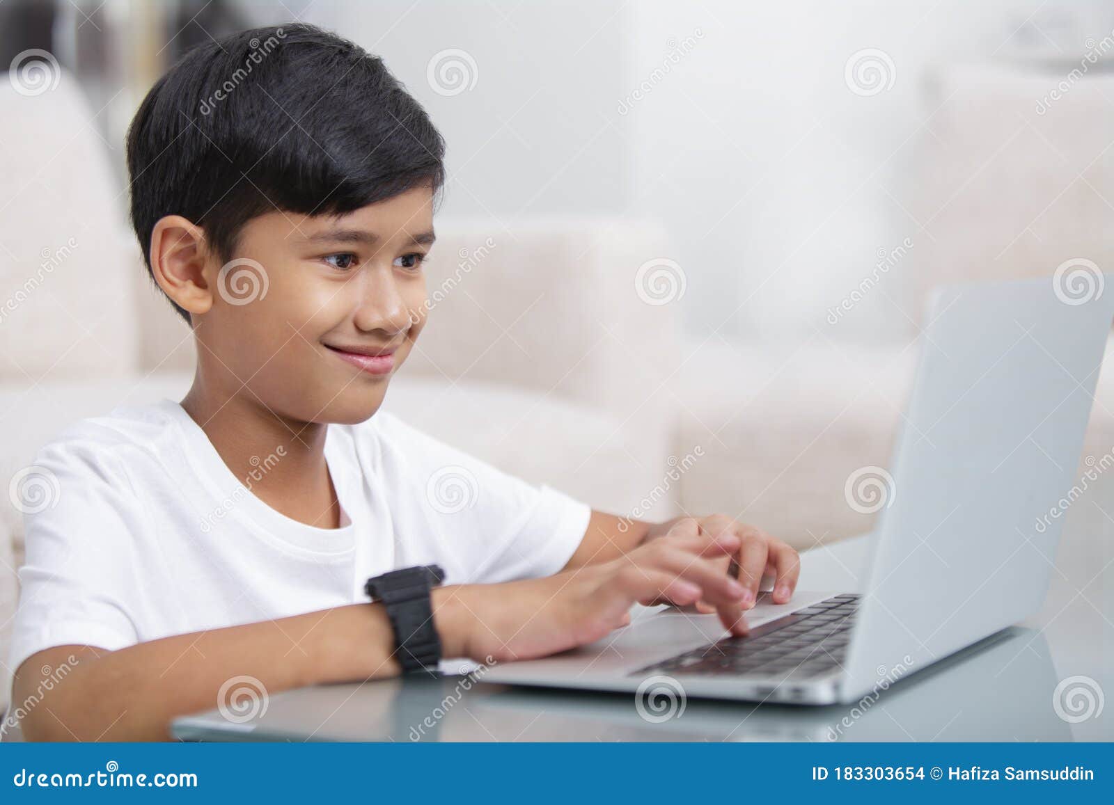 Boy Smiling at His Laptop Screen Stock Photo - Image of cushion, living ...