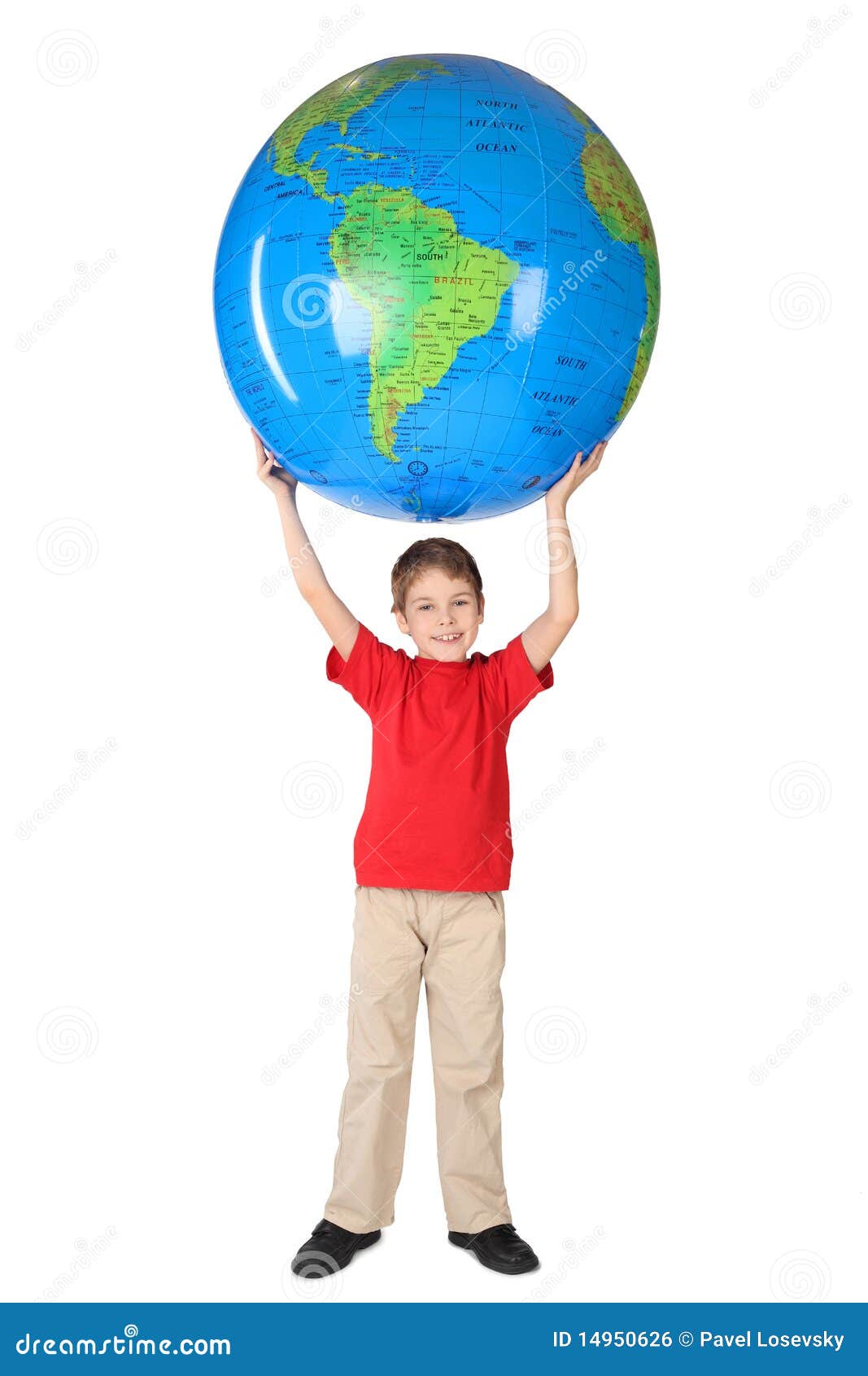 Boy Smiling and Holding Big Globe Over Head Stock Photo - Image of ...
