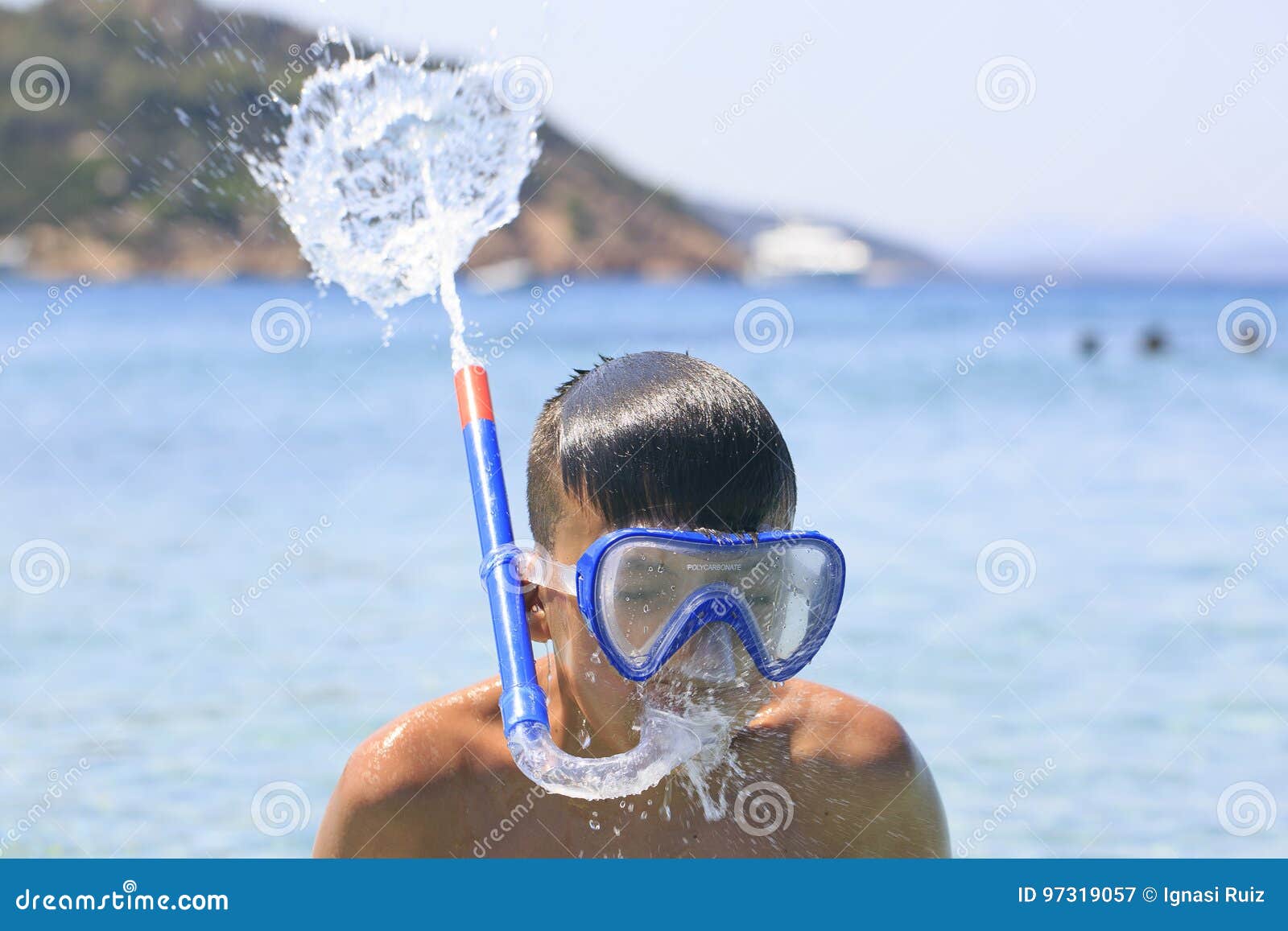 Boy with snorkeling mask stock image. Image of activity - 97319057