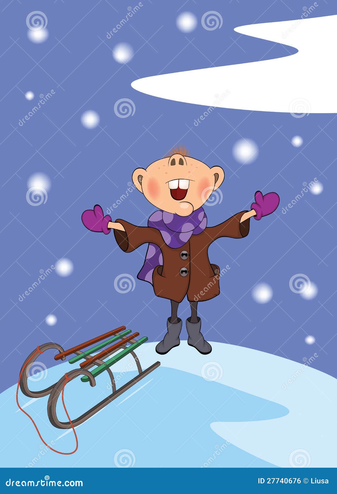 The Boy and a Snowfall. Cartoon Stock Vector - Illustration of sledge ...