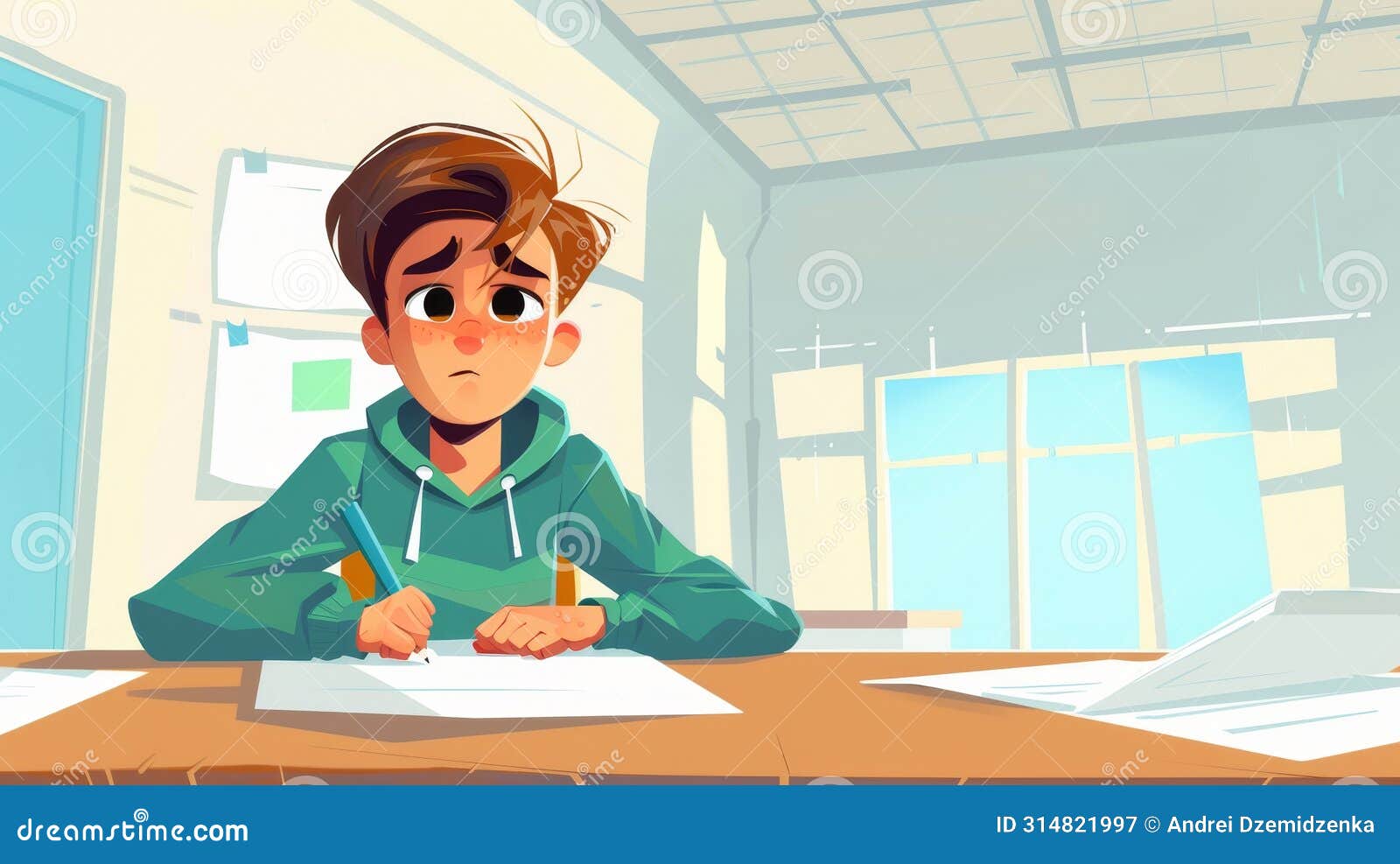 Boy Solves Test Cartoon Banner, Schoolboy Passes Exam Stock Image ...