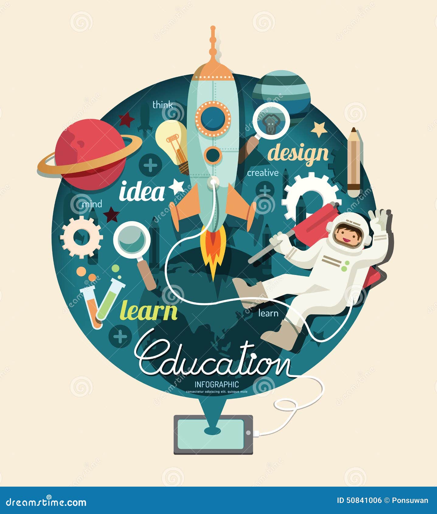 Boy on Space with Rocket Education Design Infographic, Learn Conc Stock ...