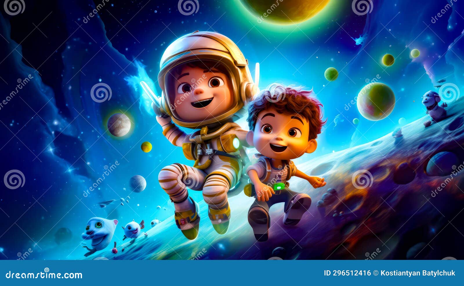 Boy and Boy in Space Suit are Flying through the Air. Generative AI ...