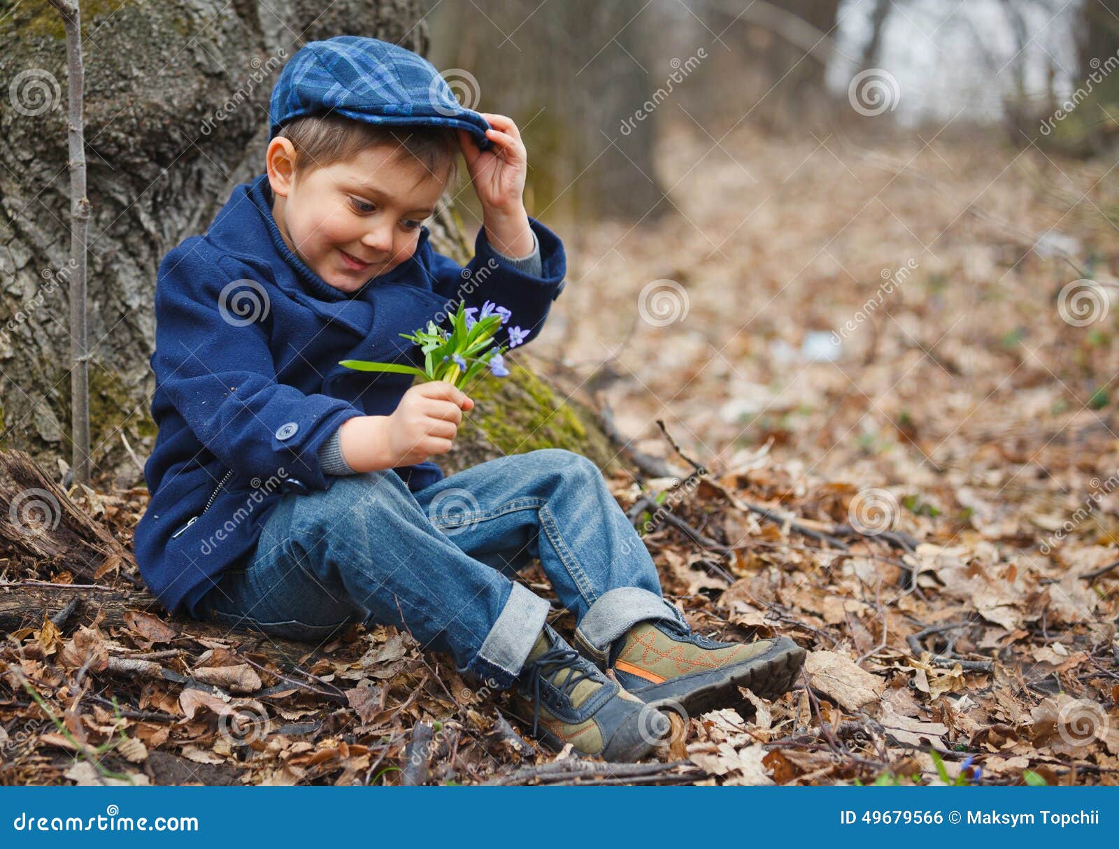 Boy in spring forest stock photo. Image of face, expression - 49679566