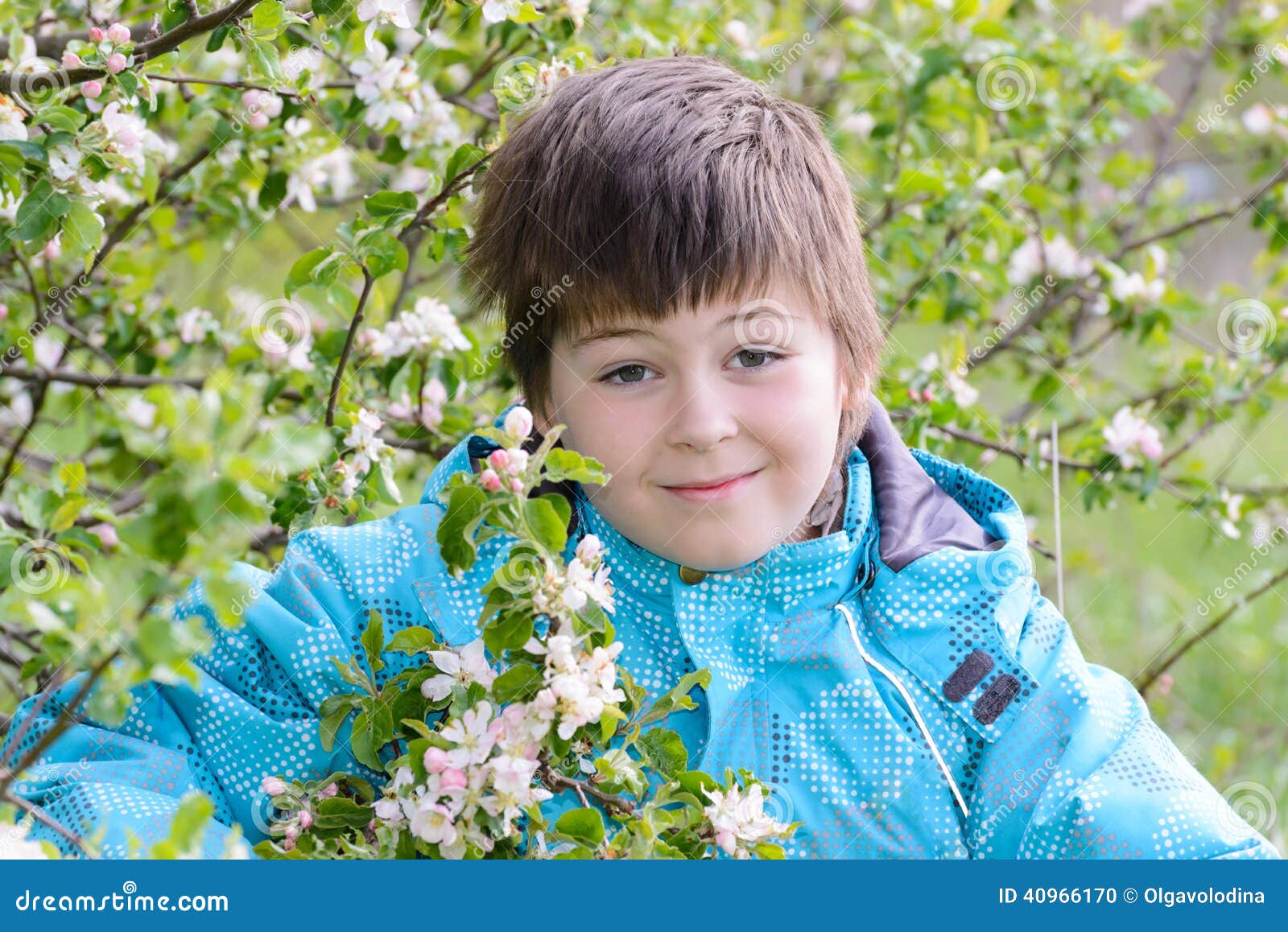 Boy in spring garden stock photo. Image of blooming, portrait - 40966170