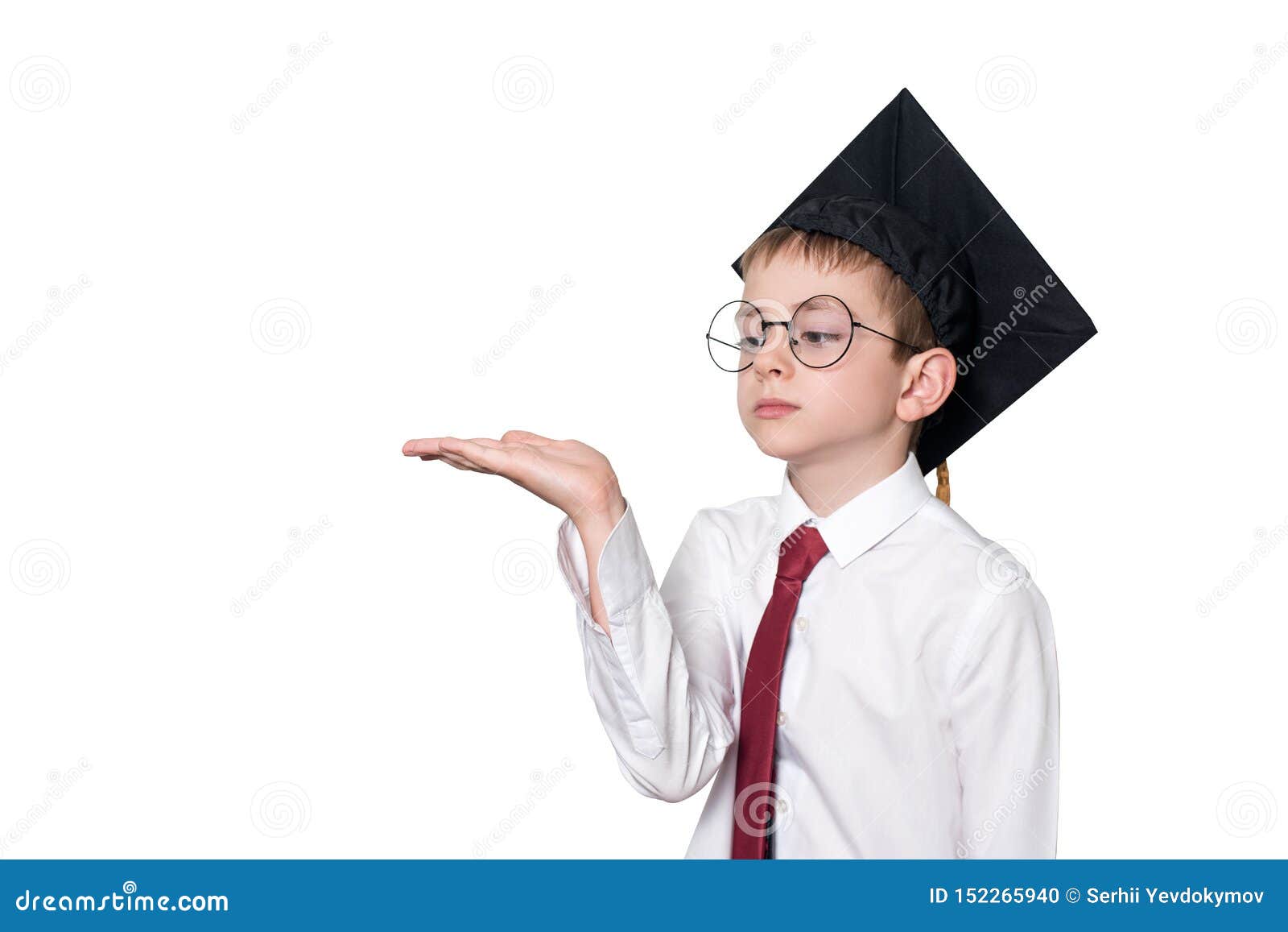 Boy in a Square Academic Hat and Glasses Holds His Palm Up. School ...