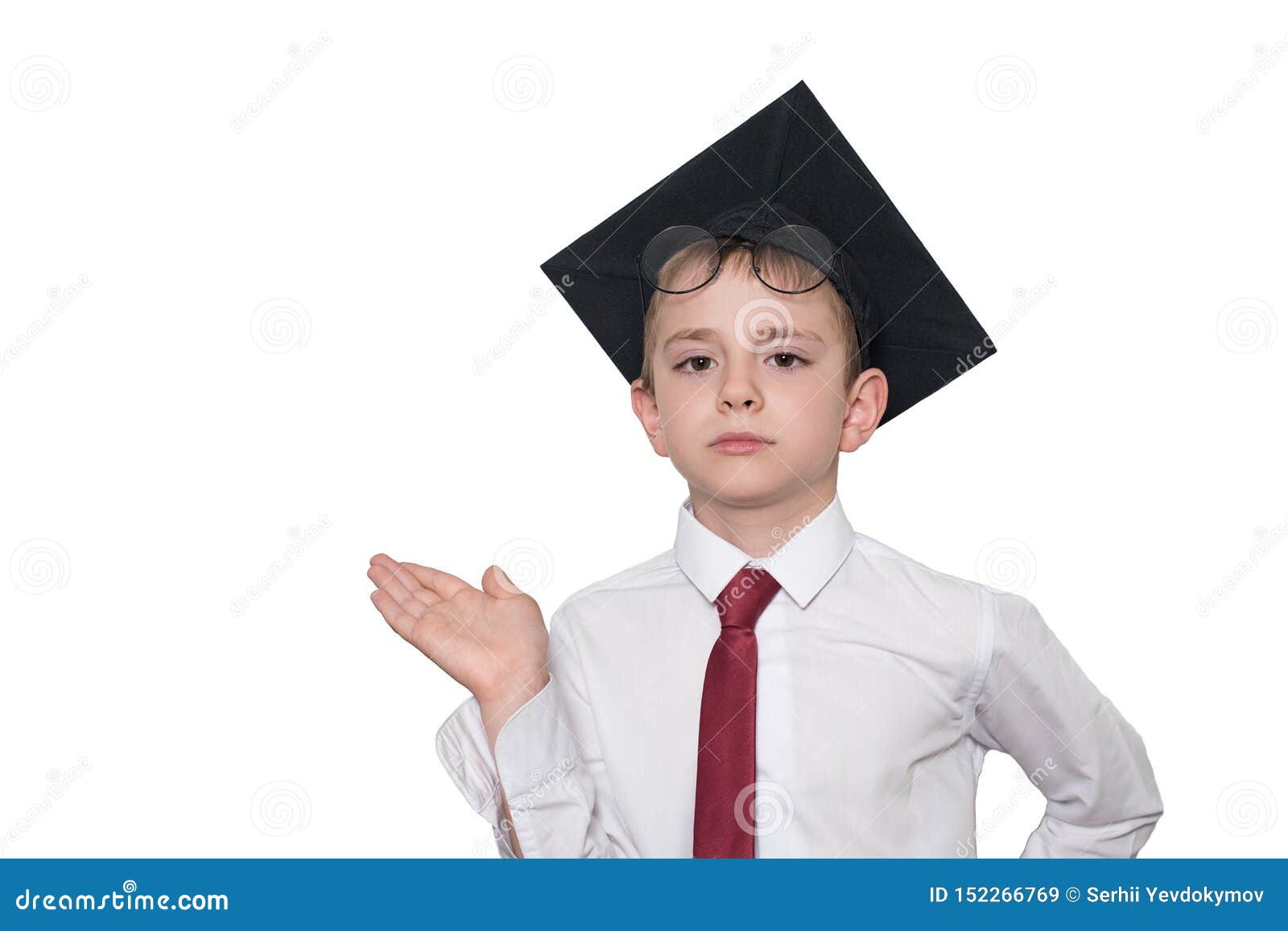 Boy in a Square Academic Hat and Glasses Holds His Palm Up. School ...