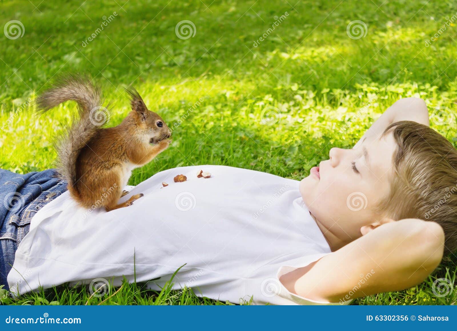 Boy and a squirrel stock photo. Image of horizontal, happy - 63302356