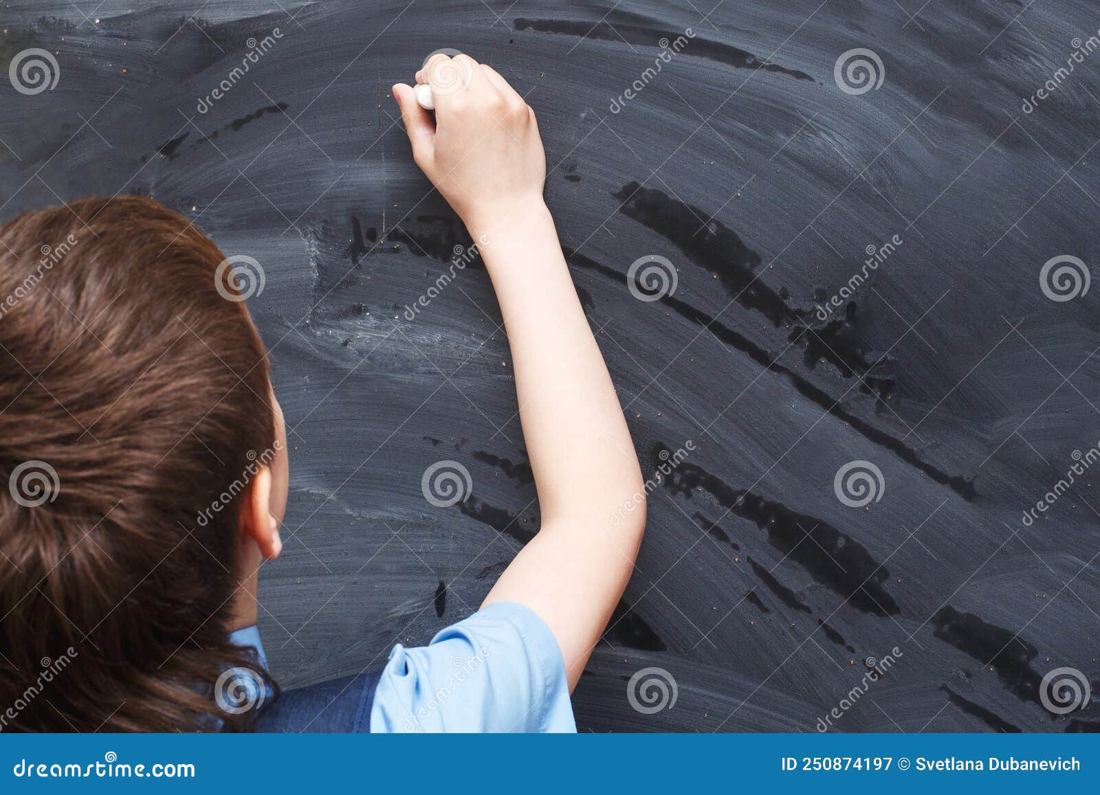 Boy Standing Back in Front of School Blackboard and Writing Stock Image ...