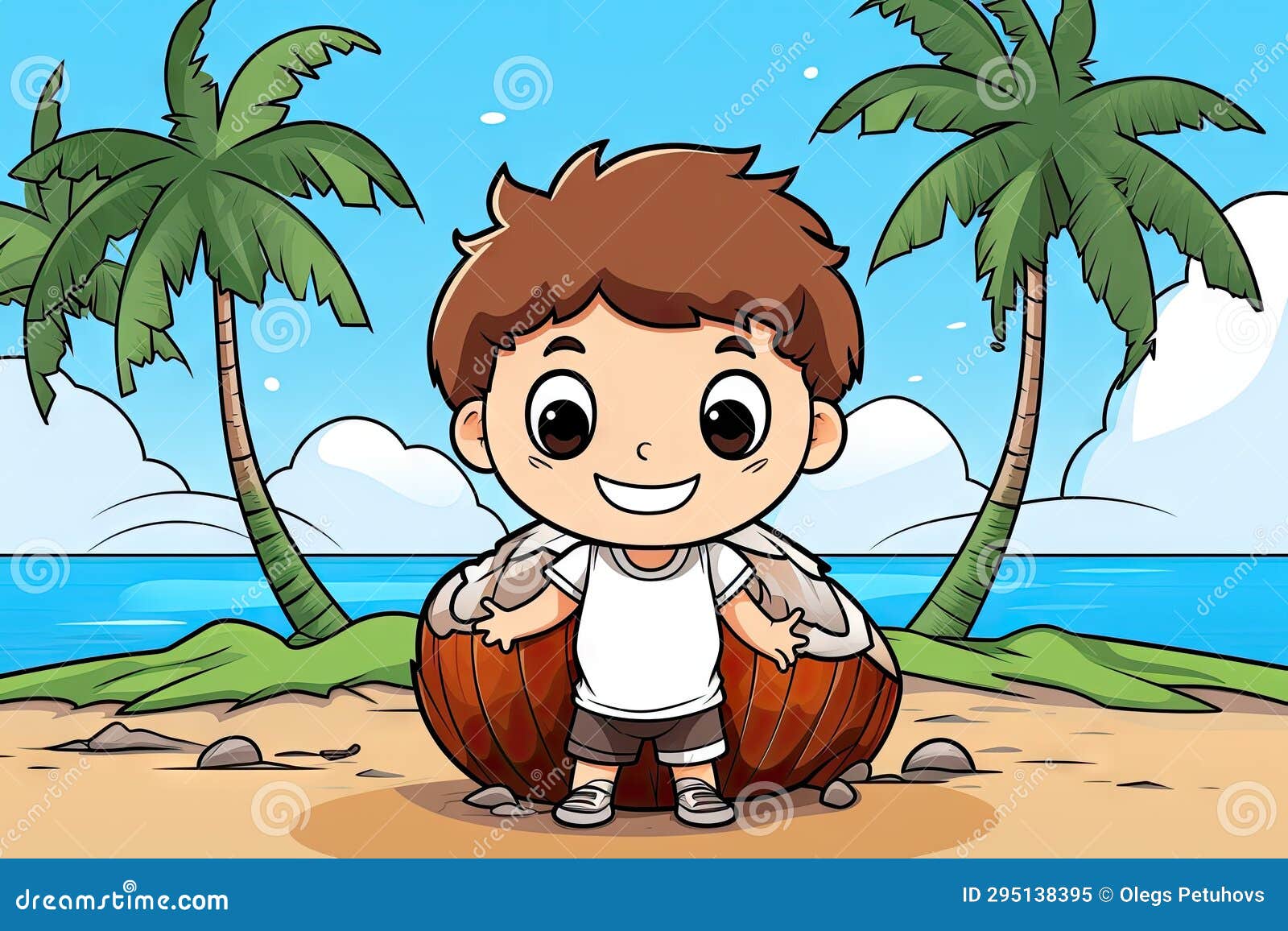 A Boy Standing on a Beach with a Coconut in His Hand. Generative Ai ...